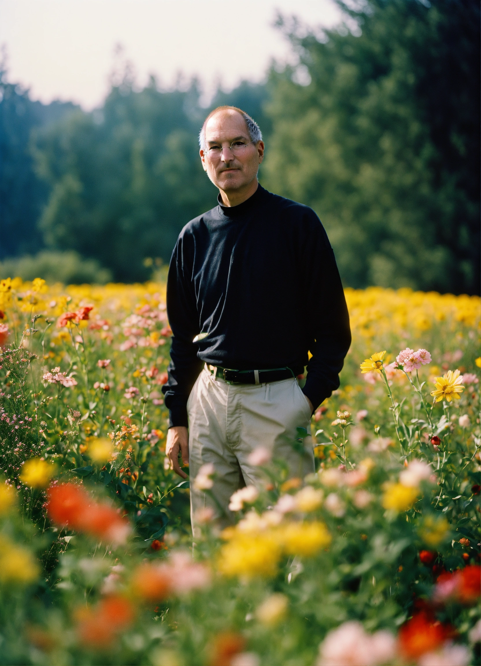 Lexica - Happy Steve Jobs standing in a beautiful field of flowers ...