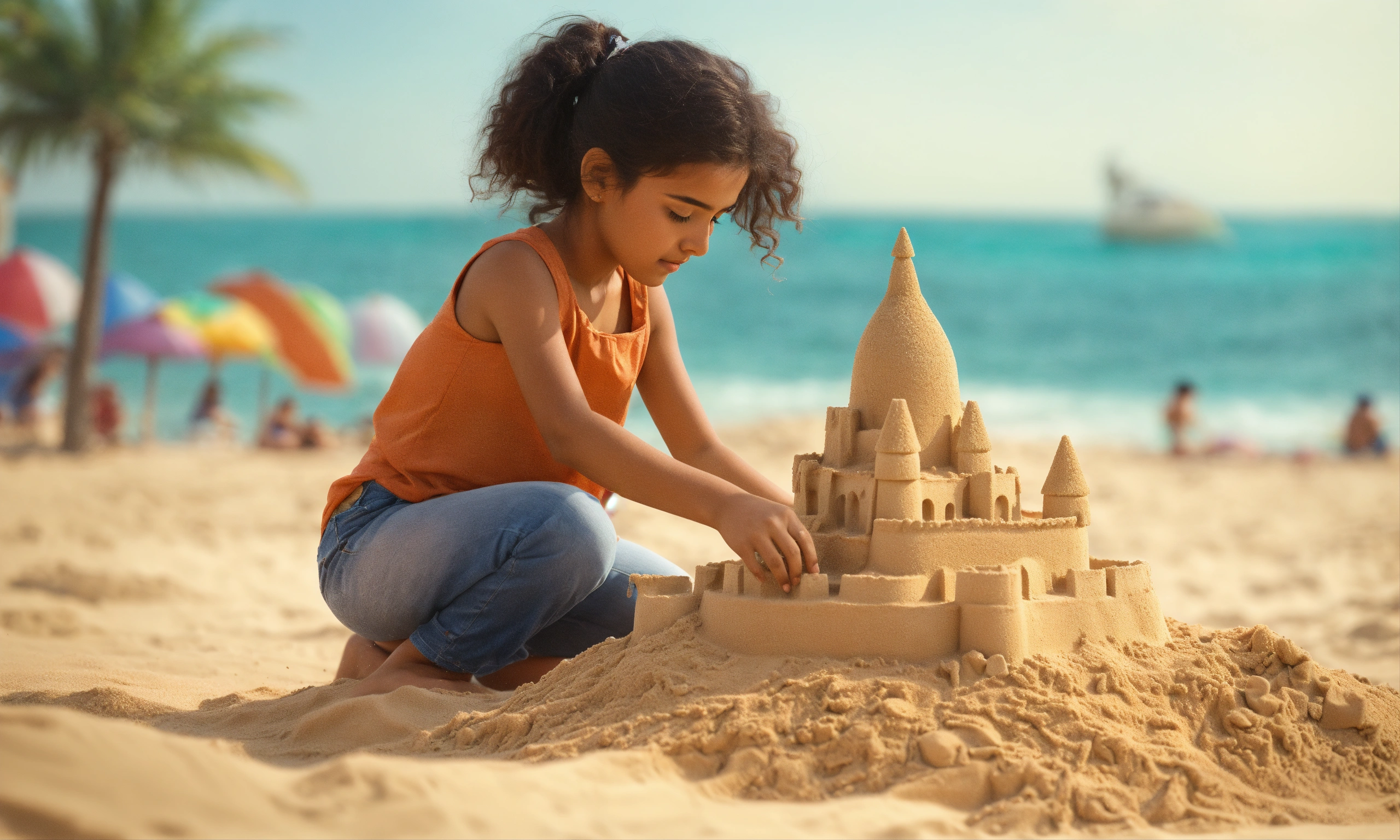 Lexica - Saudi girl, building sand castle, close up, beach, photo ...
