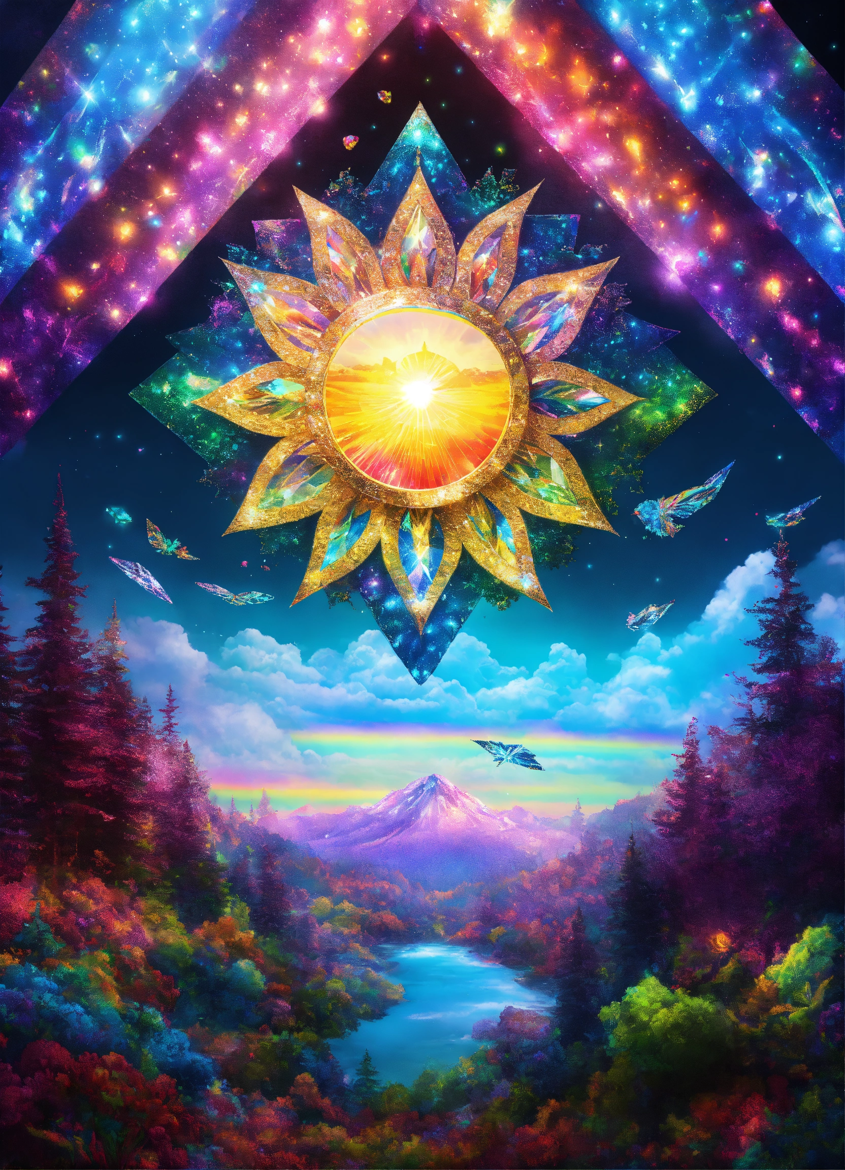 Lexica - Sun flying made of diamonds and glitter black rainbow neon ...