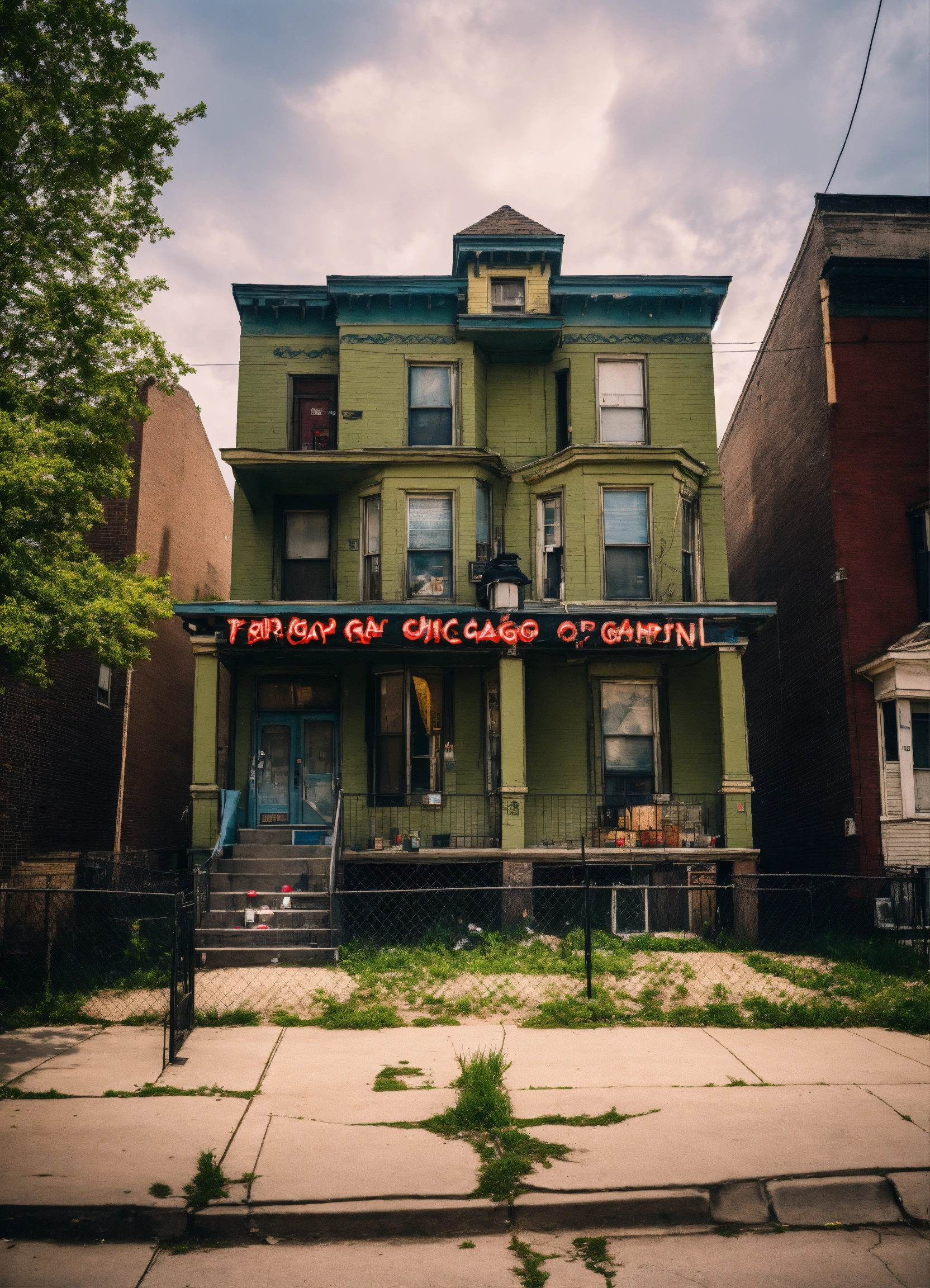 Lexica - Inside of a Trap house urban neighborhood with the words FANG ...