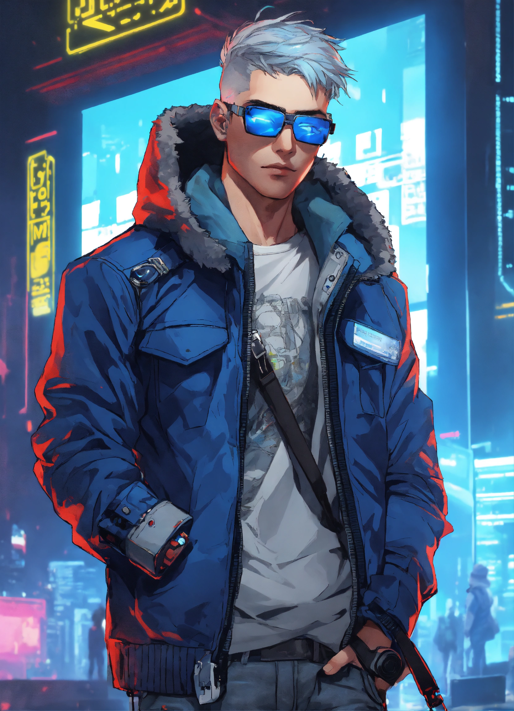 Lexica - Cute male cyberpunk hacker, holding blue colored glasses, in a ...