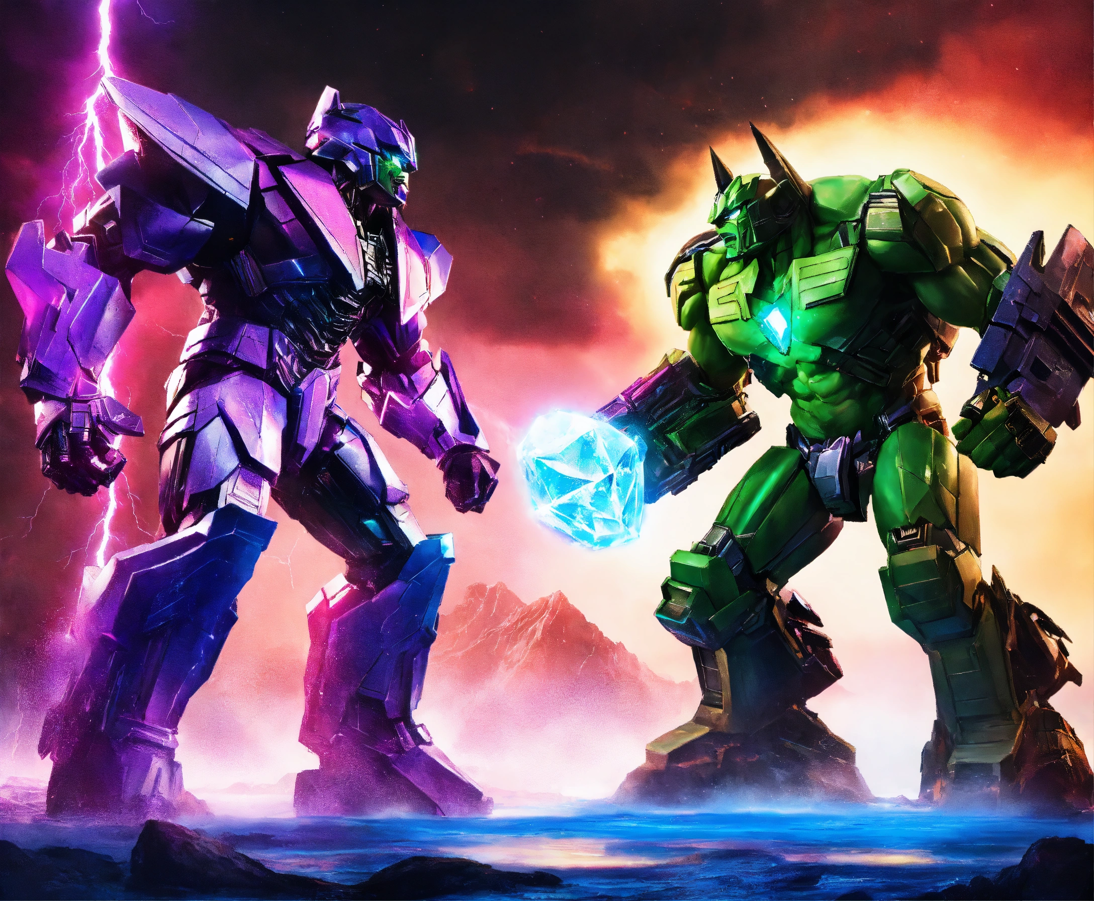 Lexica - Glowing crystal Hulk vs transformer Megatron god rainbow water ...
