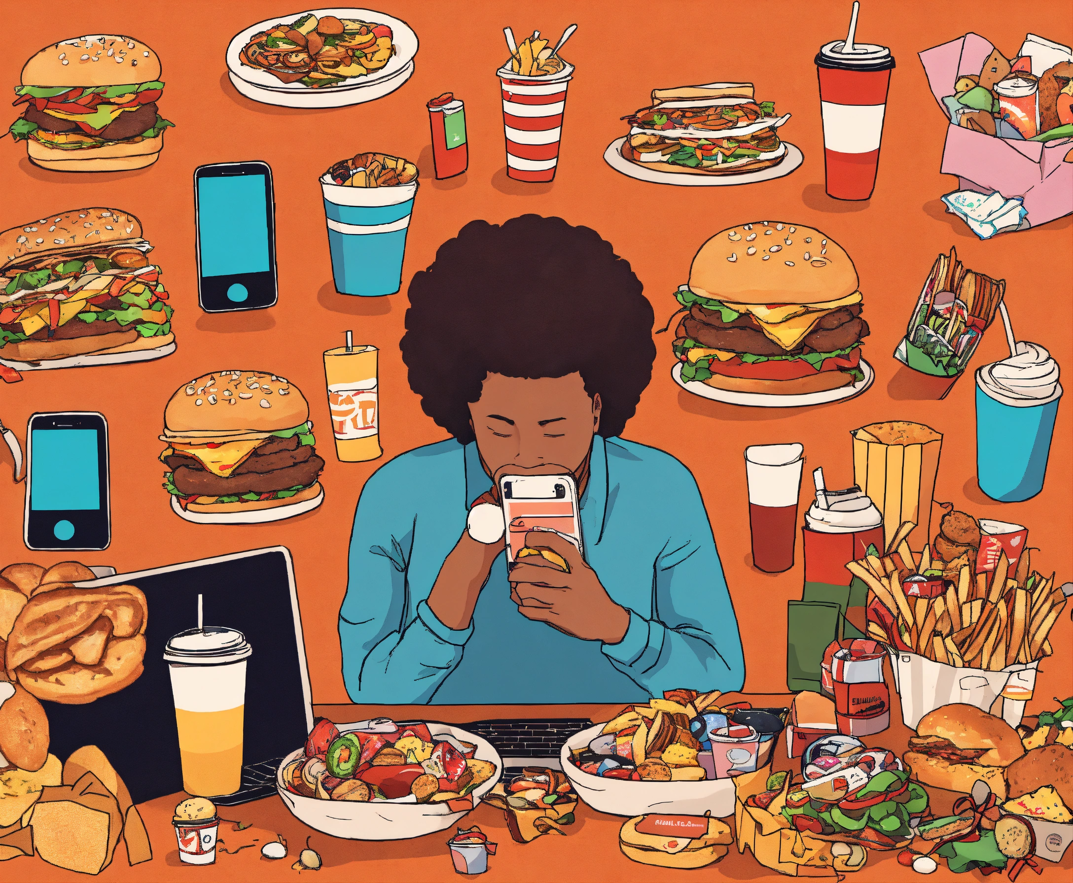 Lexica - Overwhelmed person surrounded by fast food, screens, cell ...