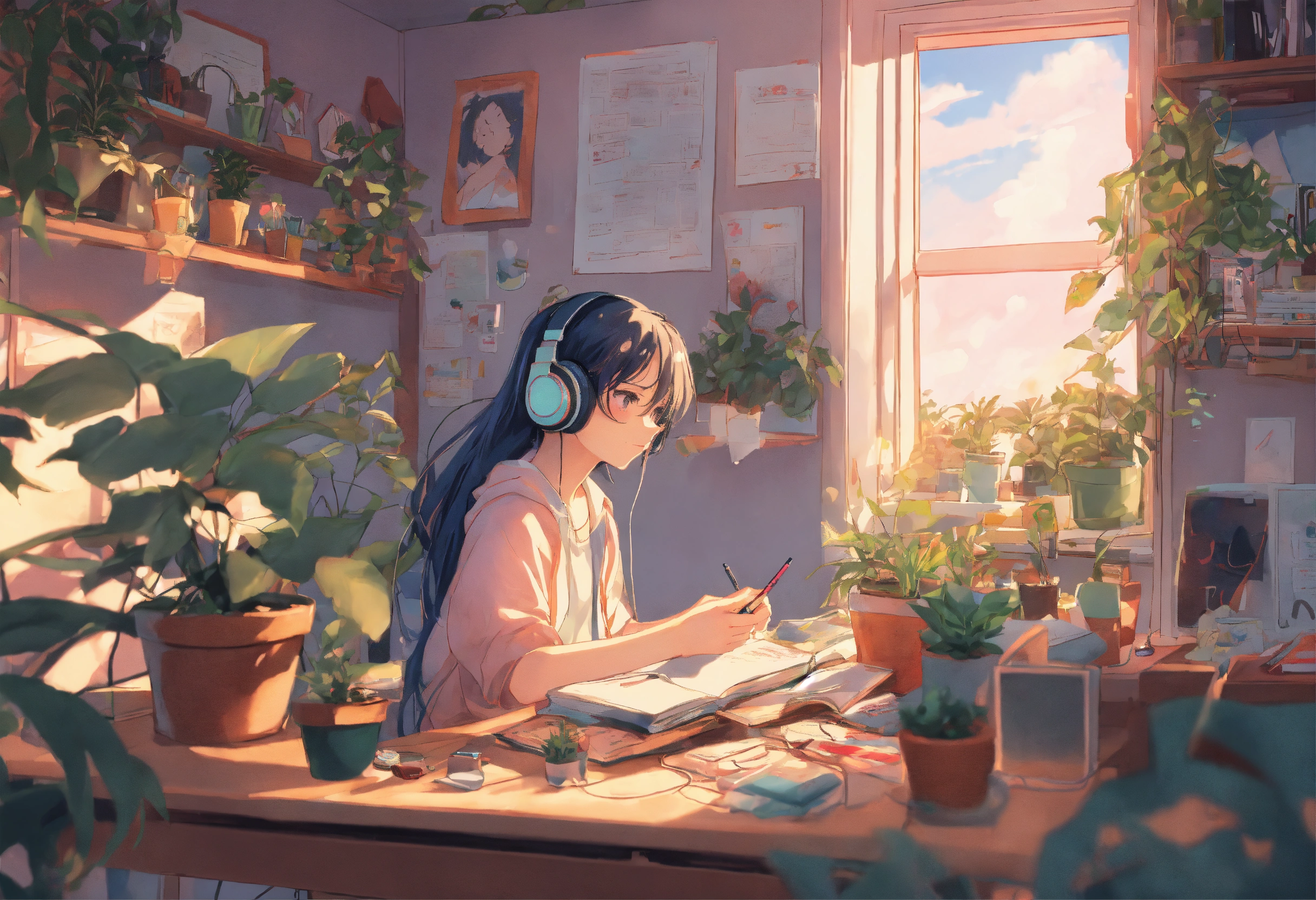 Lexica - Anime girl at. her desk in the college dorm doing homework ...