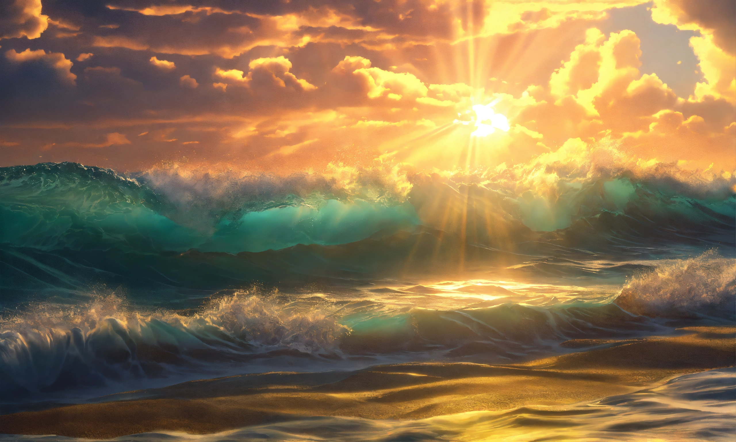 Lexica - Close up ocean waves field with rays of sunlight, lots of ...