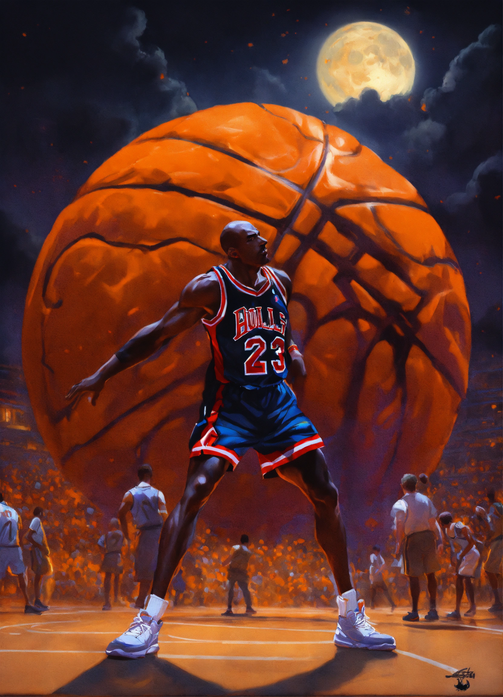 Lexica - Michael Jordan steps onto the eerie, moonlit basketball court ...