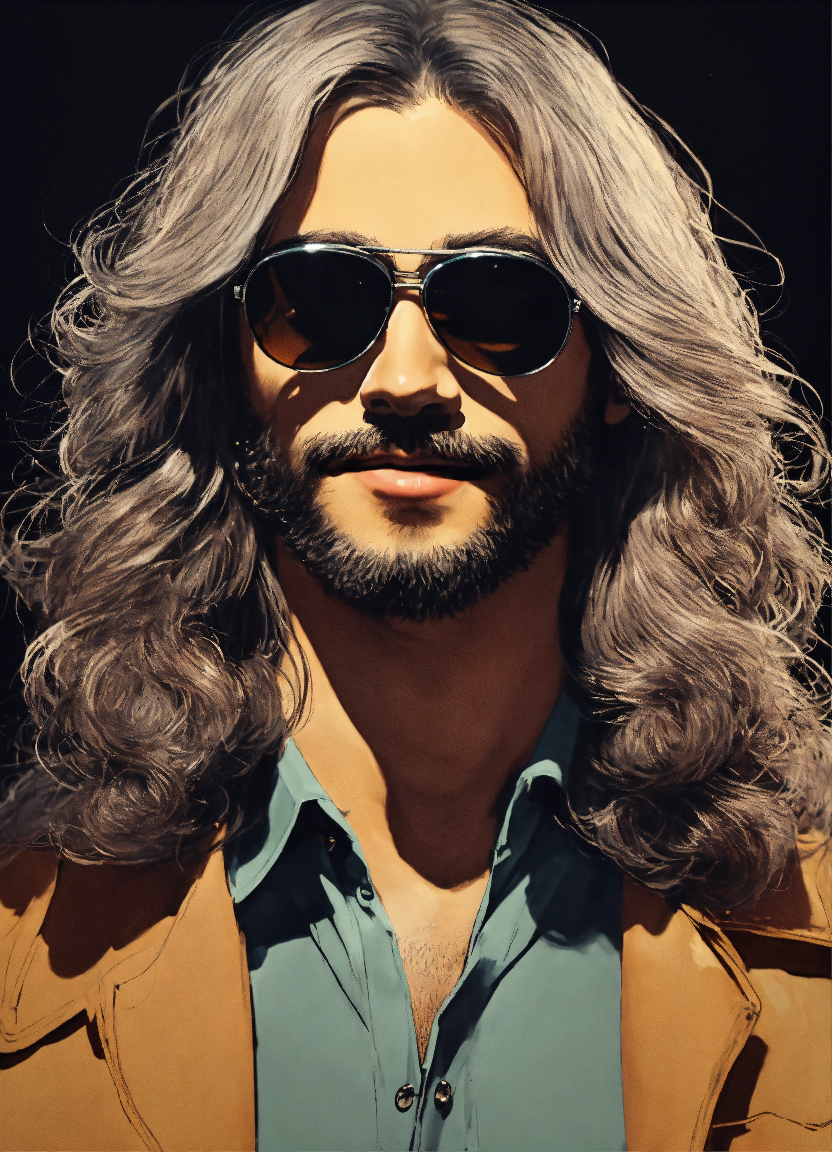 Lexica - Cartoon a 60s man with long hair is wearing sunglasses, in the ...