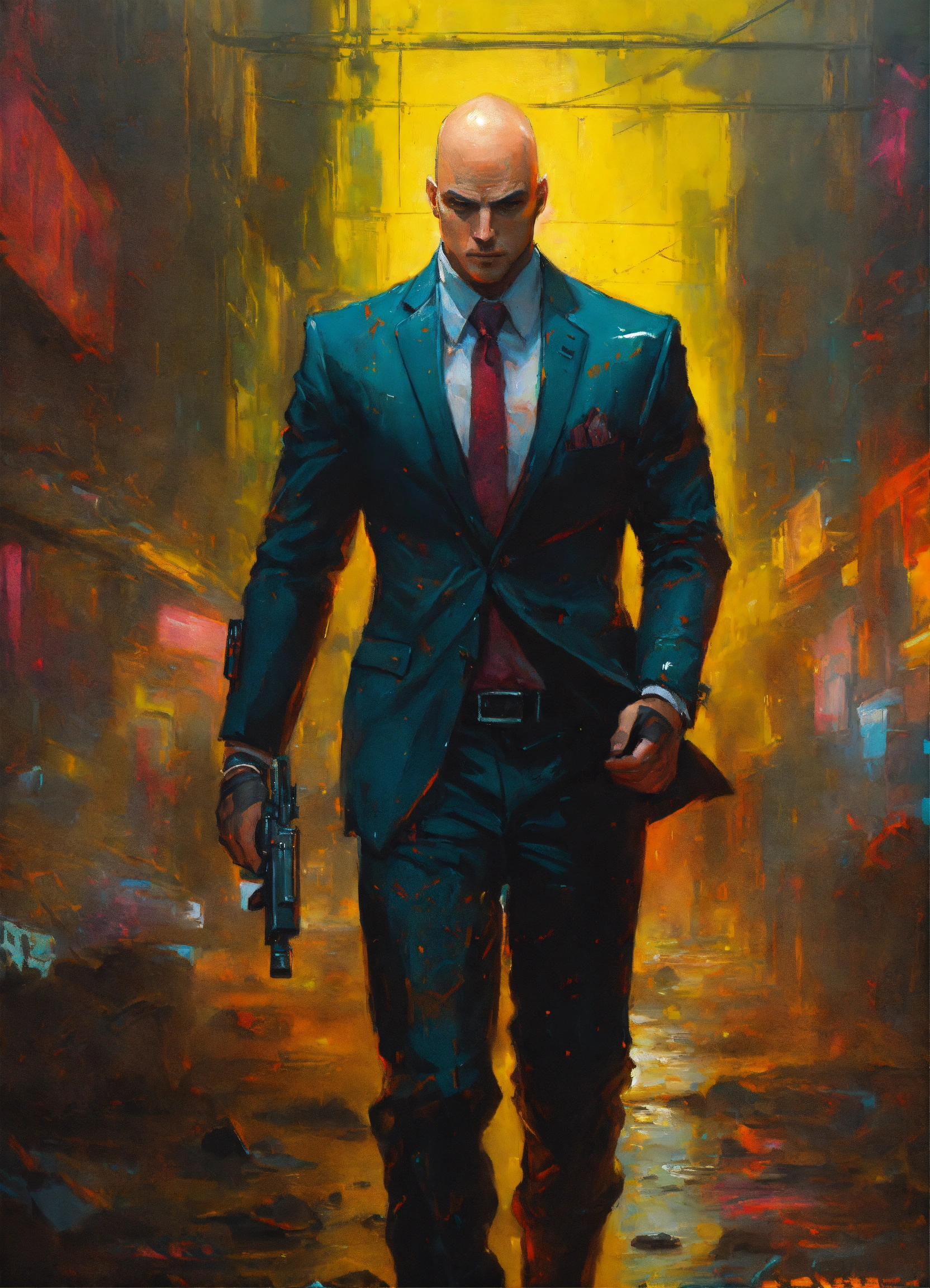 Lexica - Strong bald cyberpunk bounder in a suit, at a rave gritty oil ...