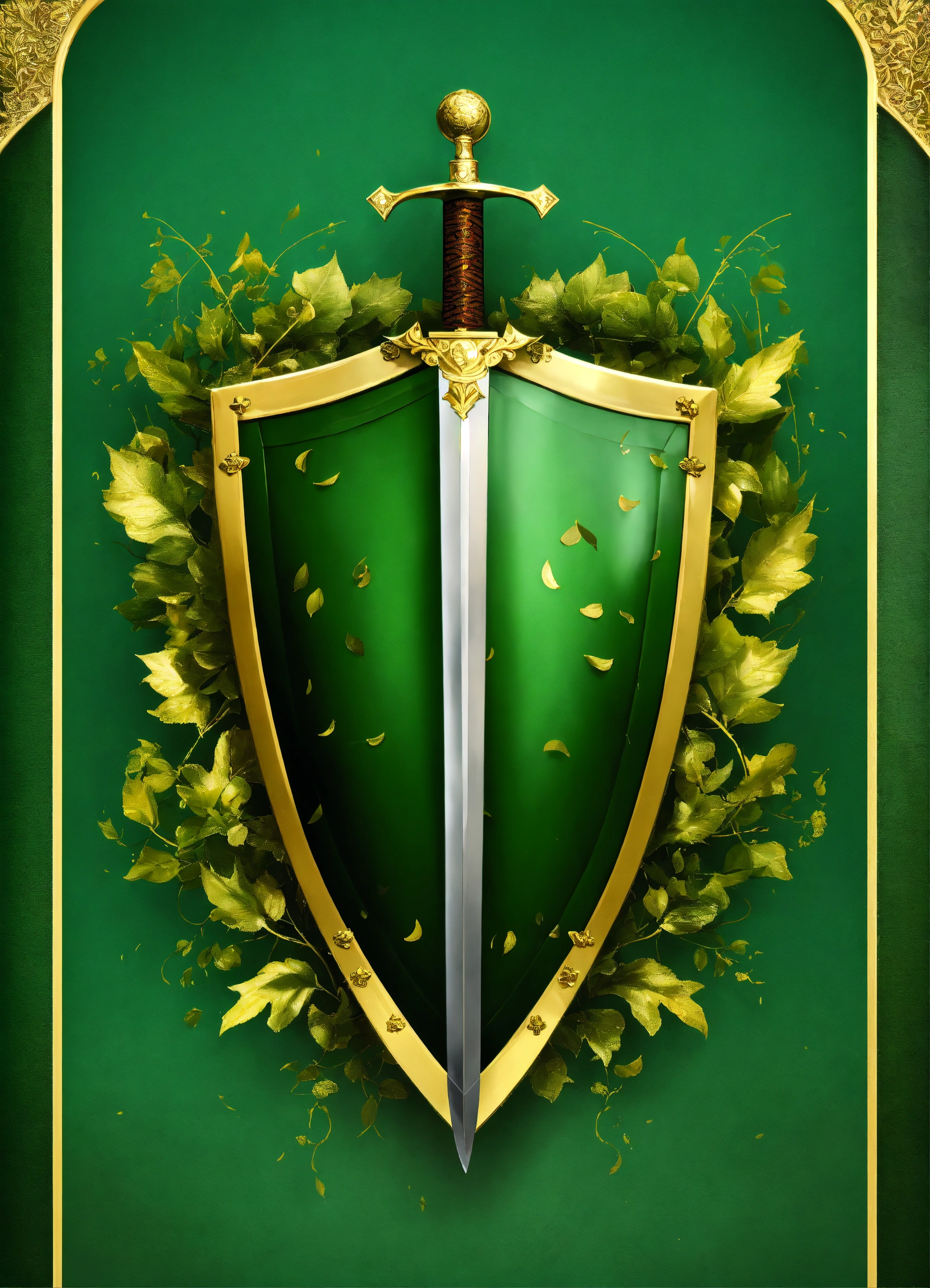 Lexica - A simple green shield with heraldry of gold leaves and a sword ...