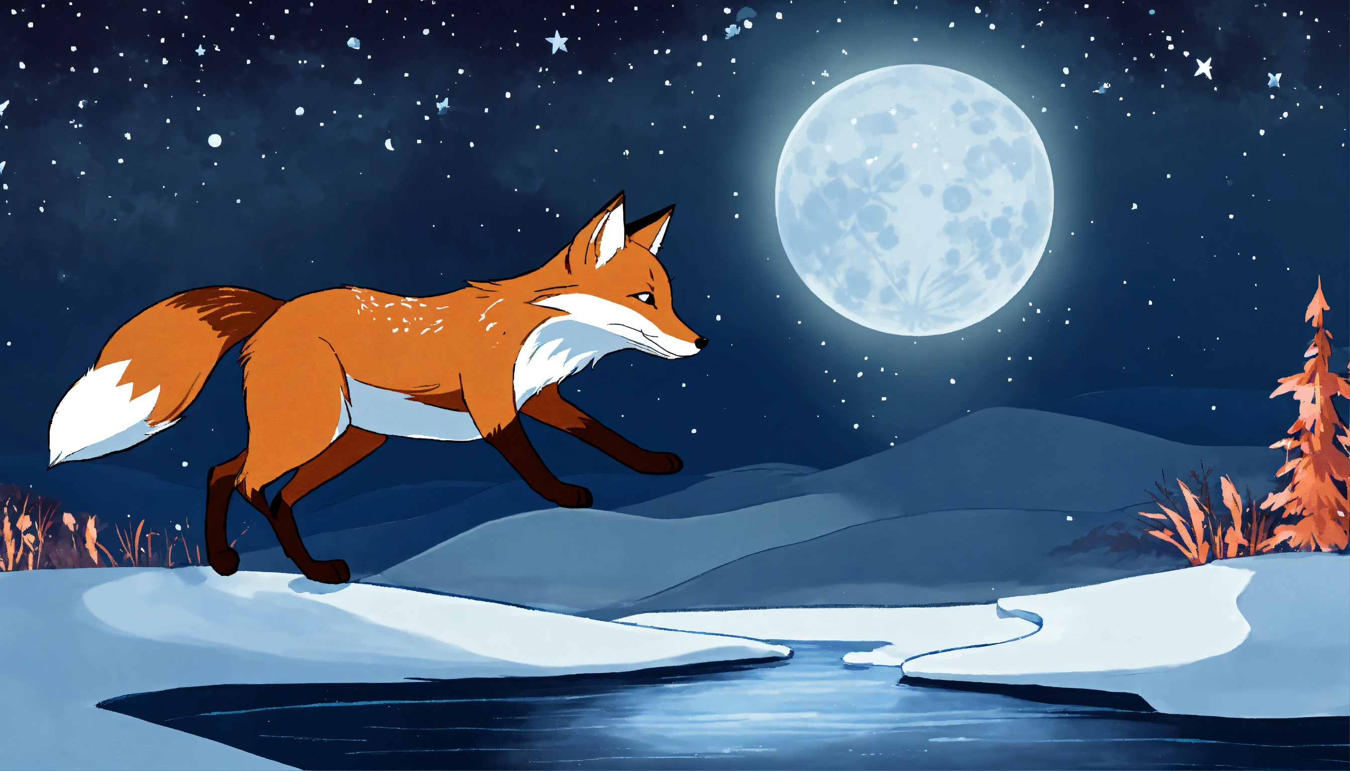 Lexica - A cartoon-style fox, no tail is running on a frozen river at ...