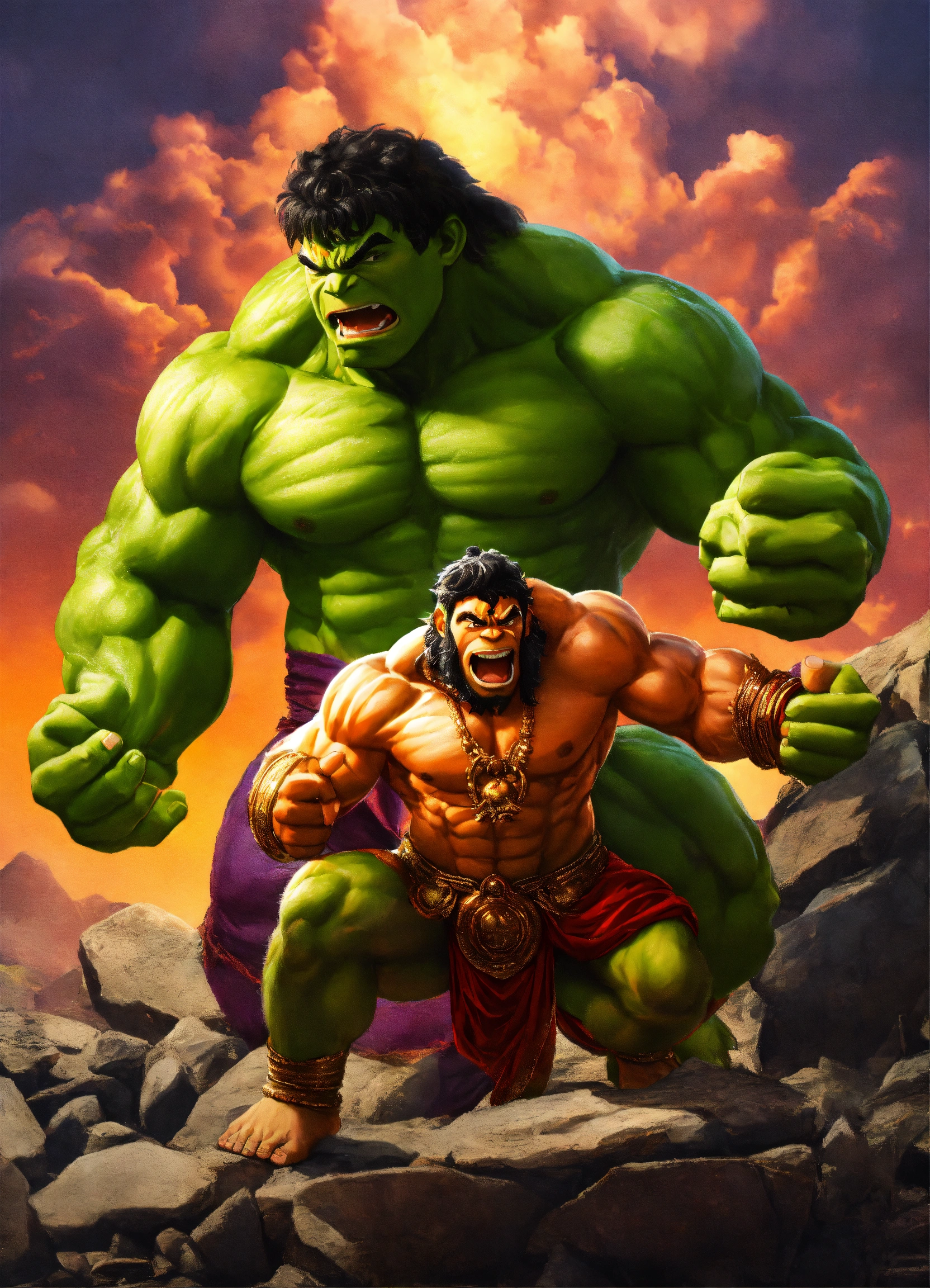Lexica - Show Lord Hanuman fighting with Hulk and where Hulk is in pain