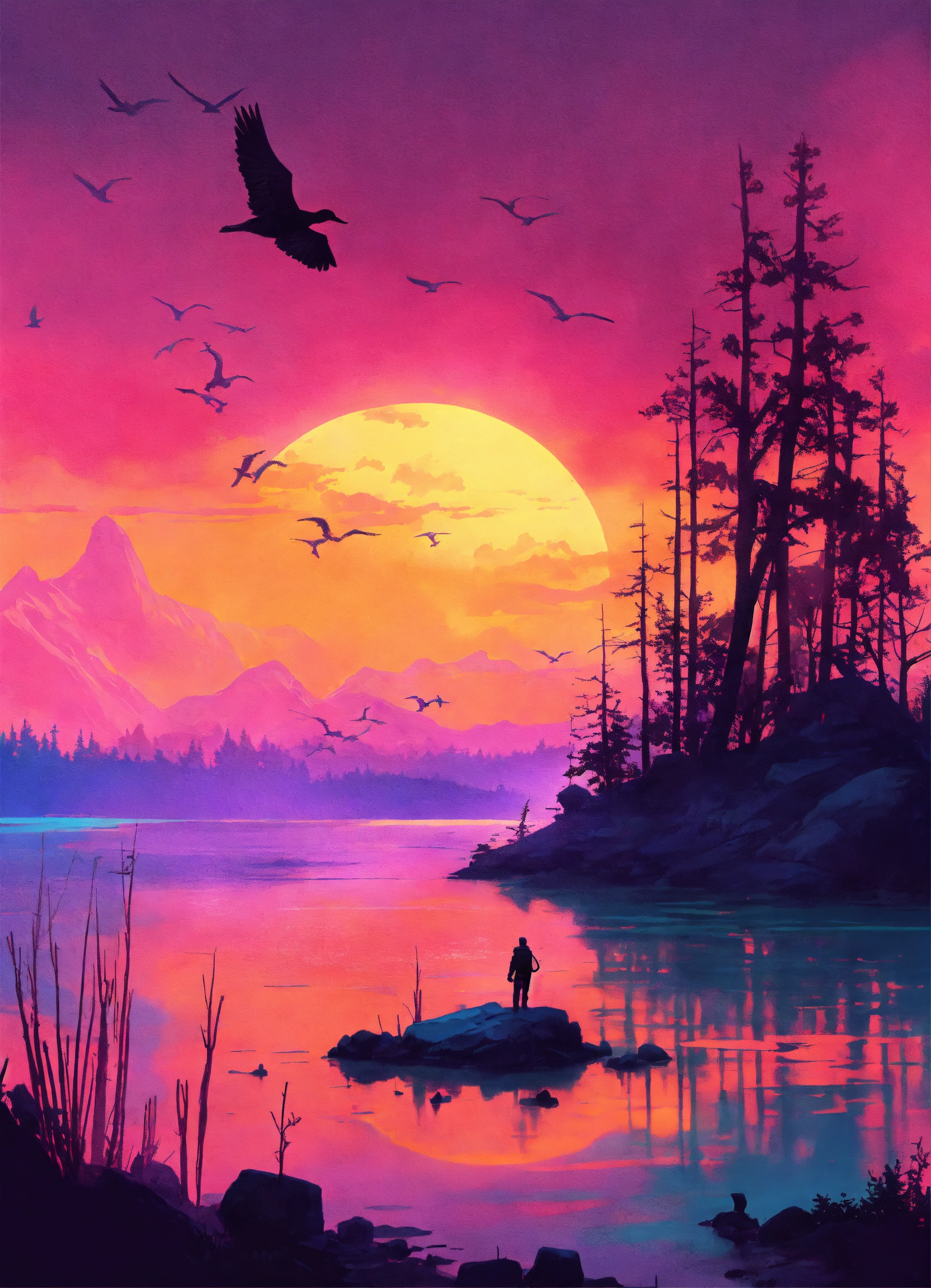 Lexica - Concept art landscape fluorescent of a lake with a hunter ...