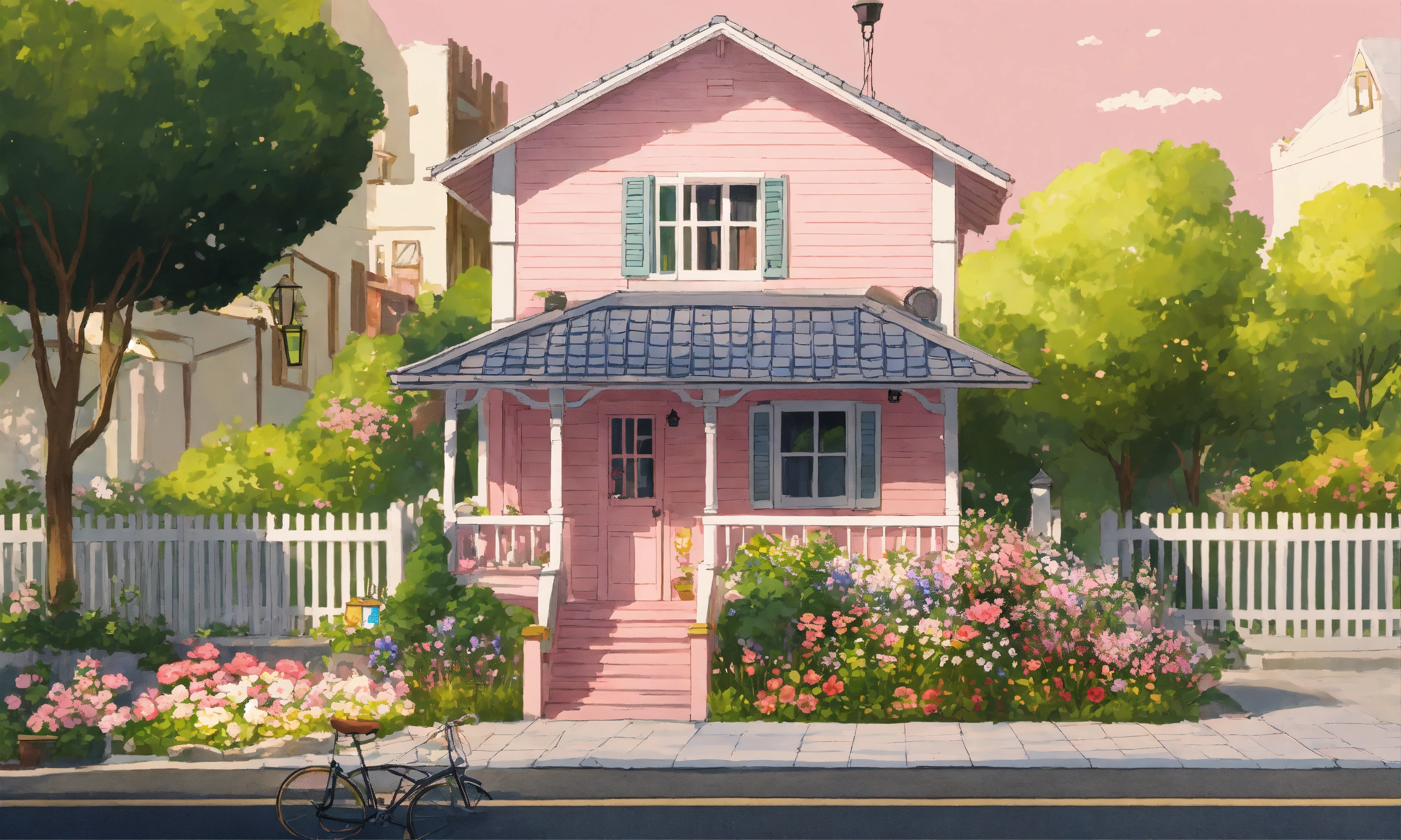 Lexica - Front view of the facade of a small light pink house in the ...