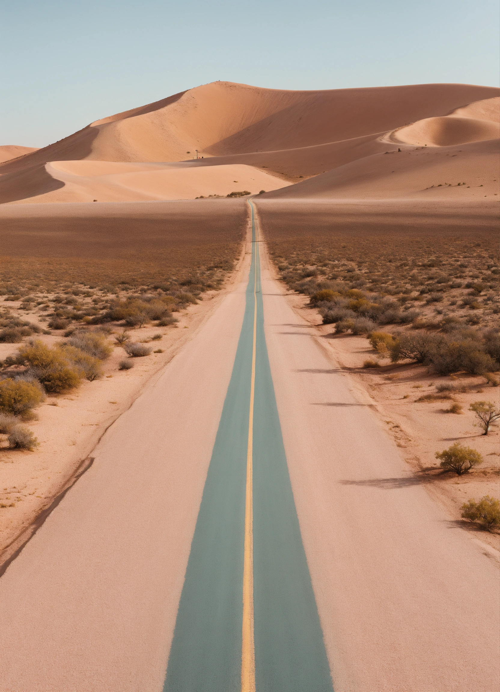 Lexica - A light grey road in a dessert, Wes Anderson Colour