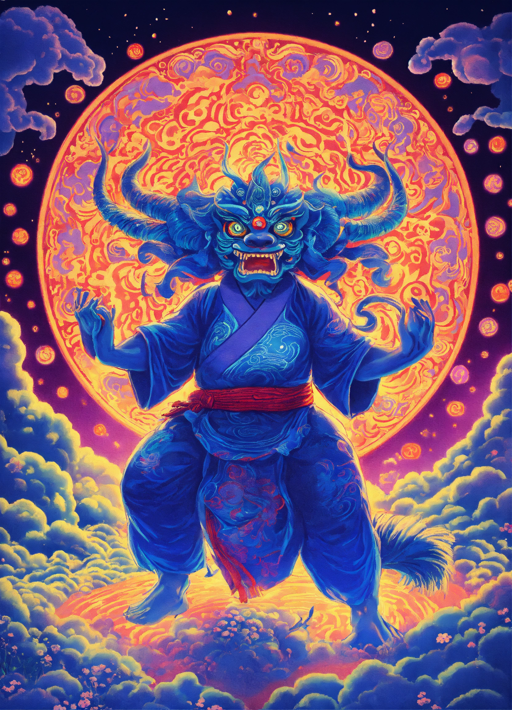 Lexica - Japanese Yokai Oni dancing in electric blue strobe light with ...