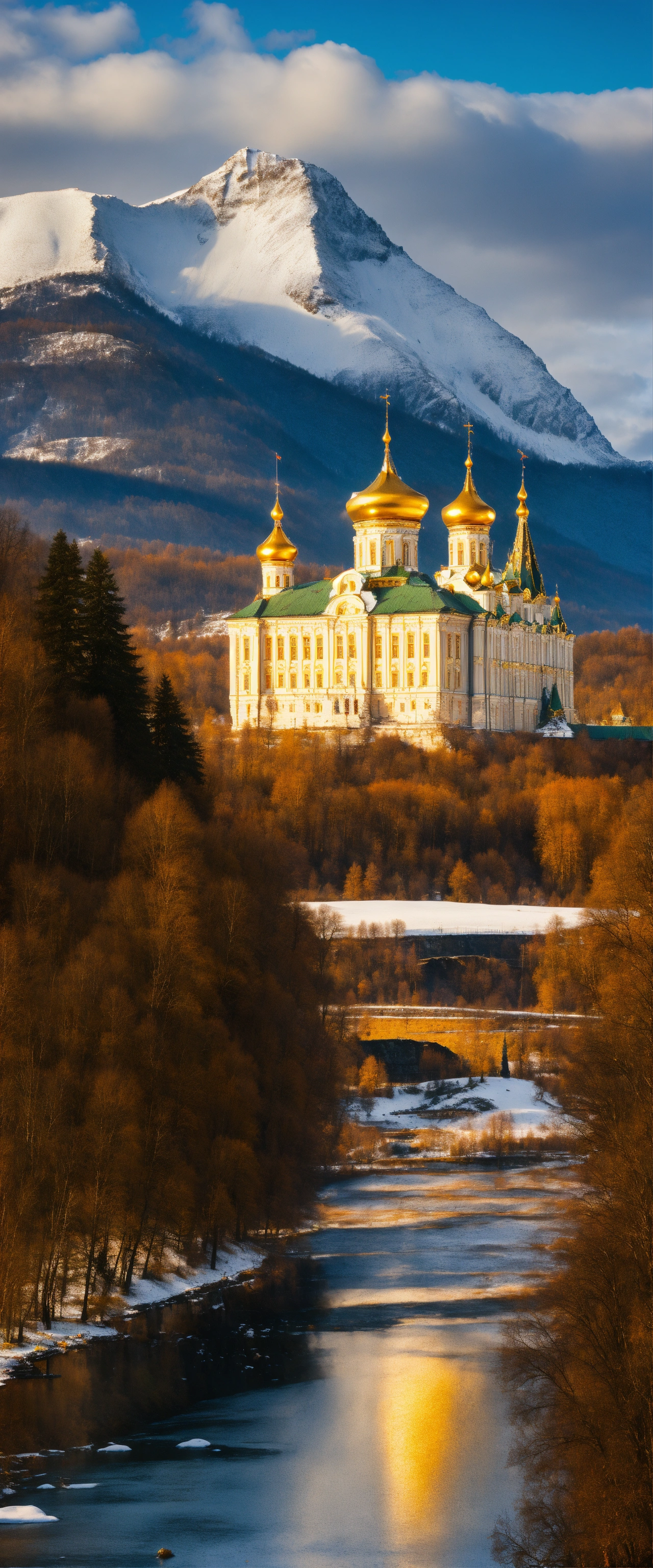 Lexica - Russian royal castle with golden roof in foreground and winter ...