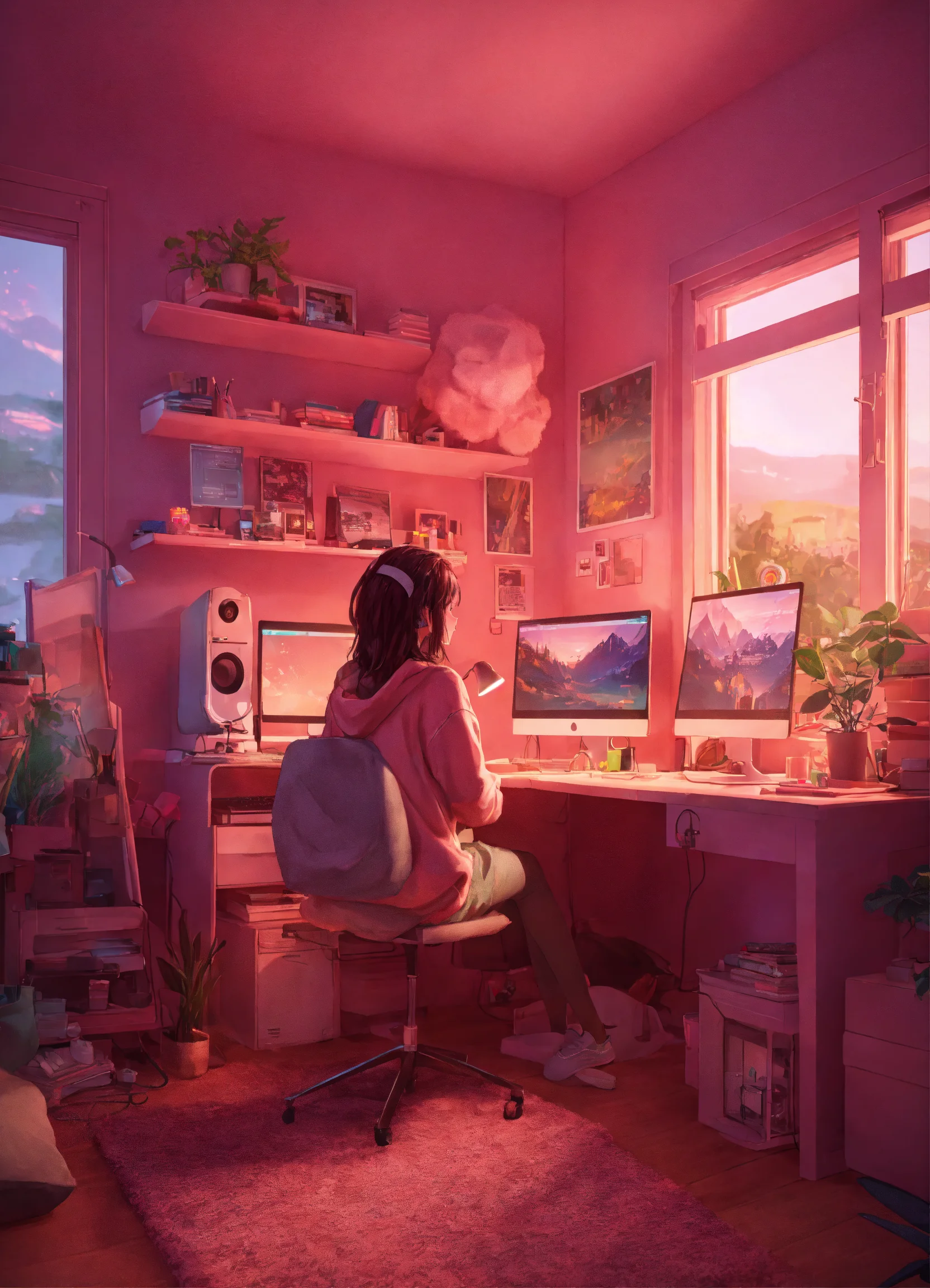 Lexica - Cute lofi girl in front of his computer in her cozy and messy ...