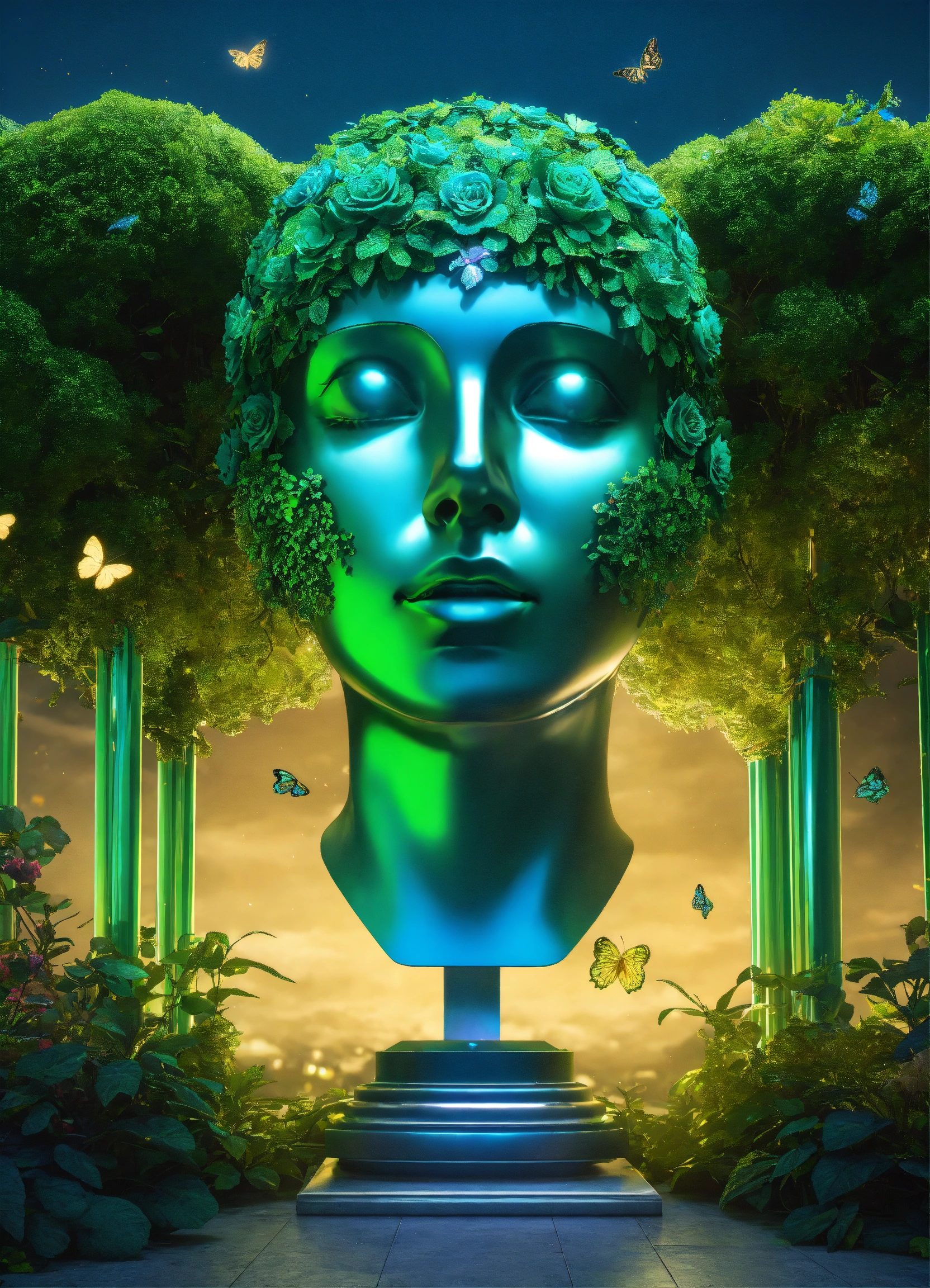Lexica - A magical melodic garden, green, blue sky with clouds, a ...