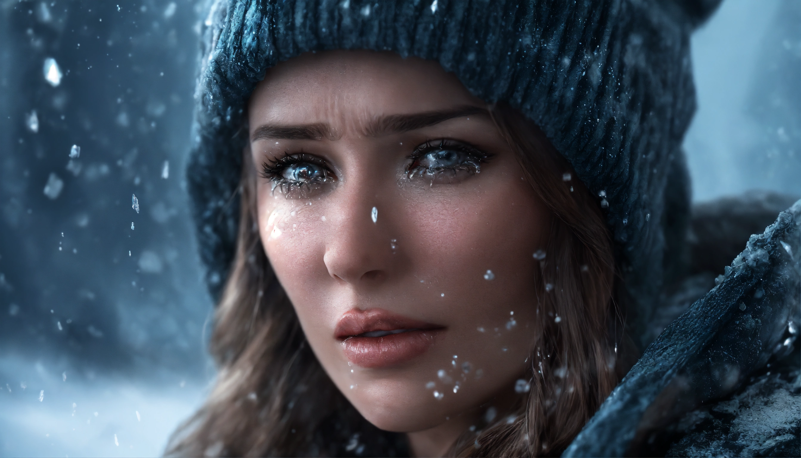 Lexica - Produce images of a woman crying tears of ice in a cold and ...