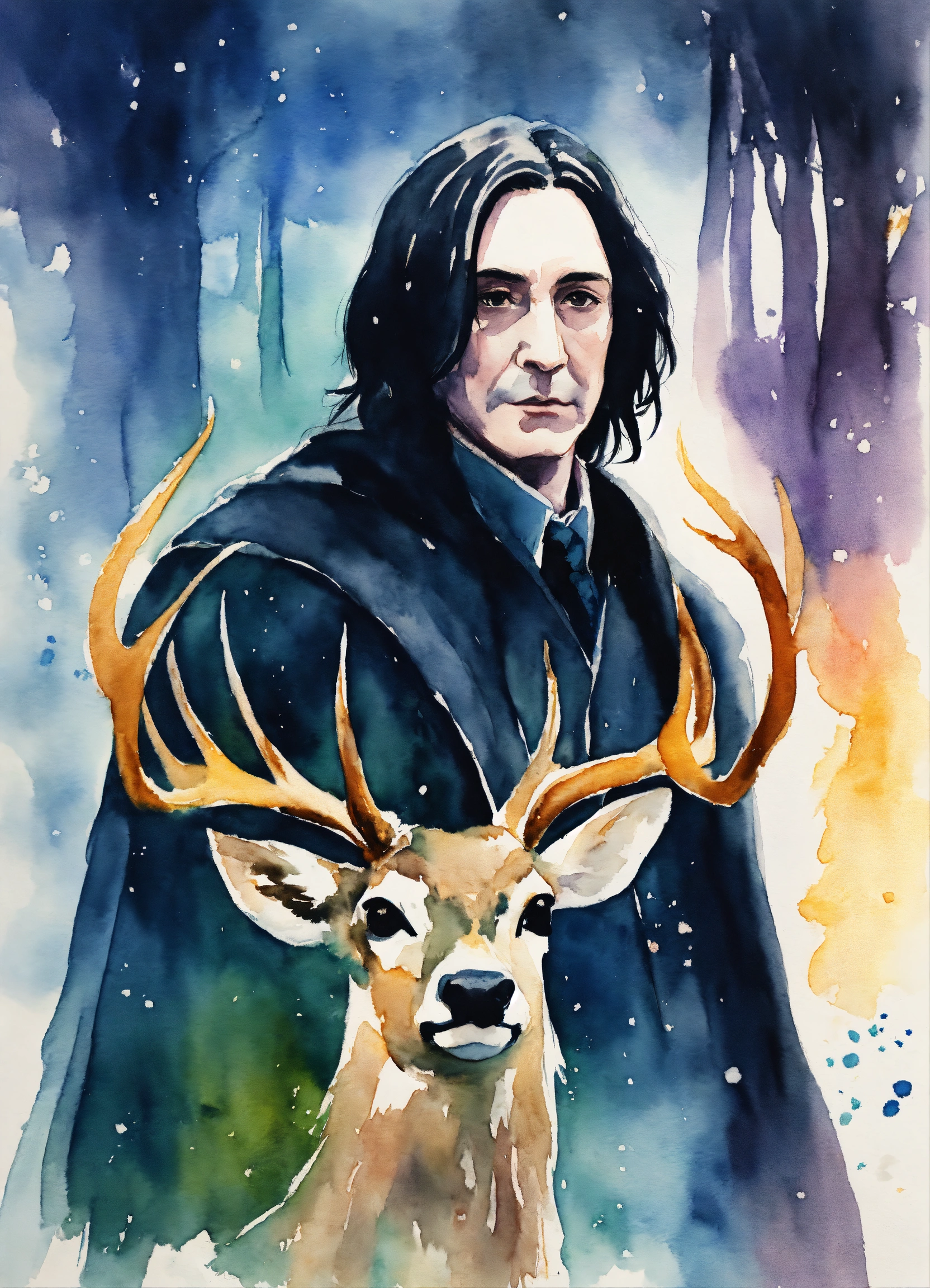 Lexica - Severus Snape with a doe's patronus watercolor drawing