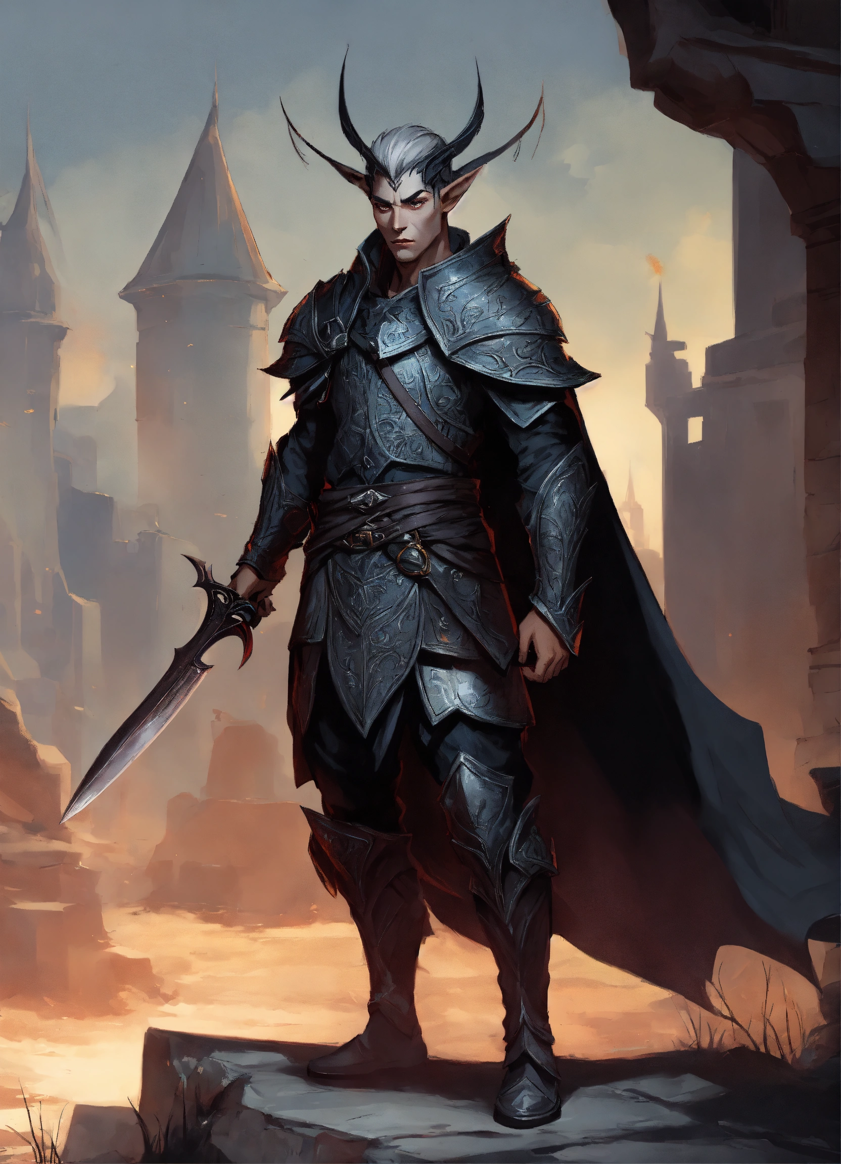 Lexica - Shadow Elf with Gray Skin, small pointy ear, defensive stance ...