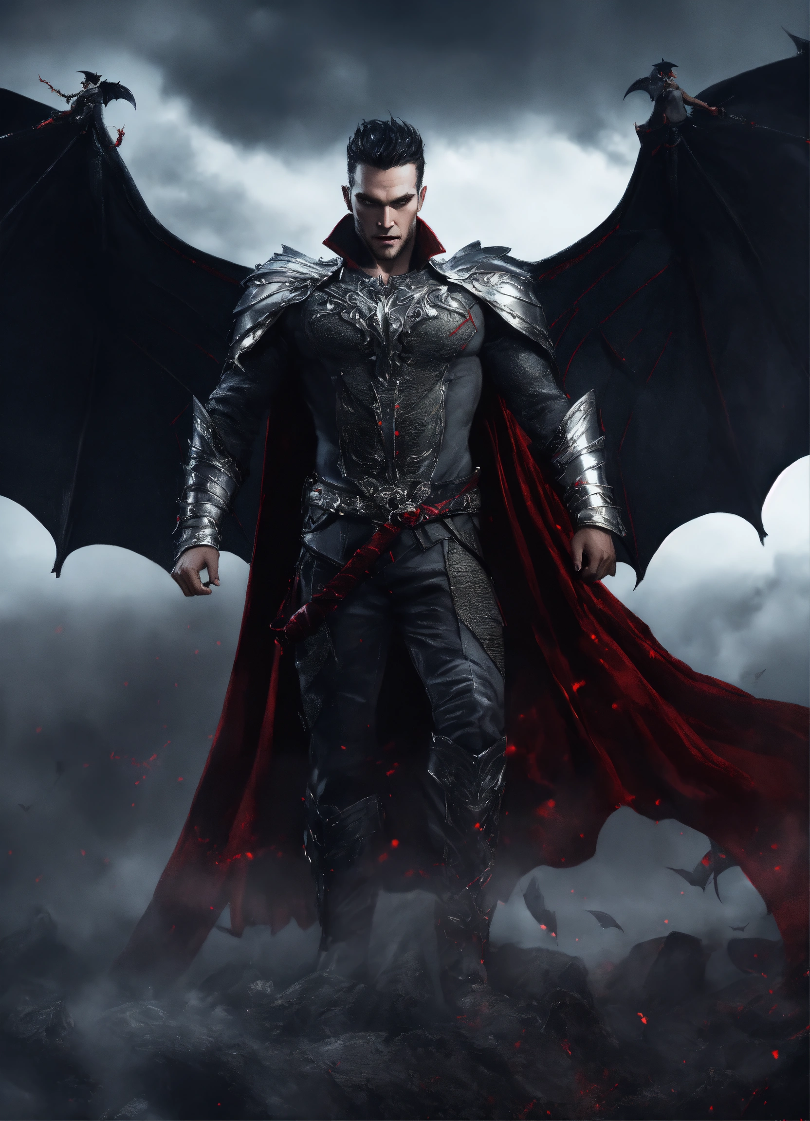 Lexica - Full body strong muscular evil vampire man entangled in a dark mist spiral, attractive ...