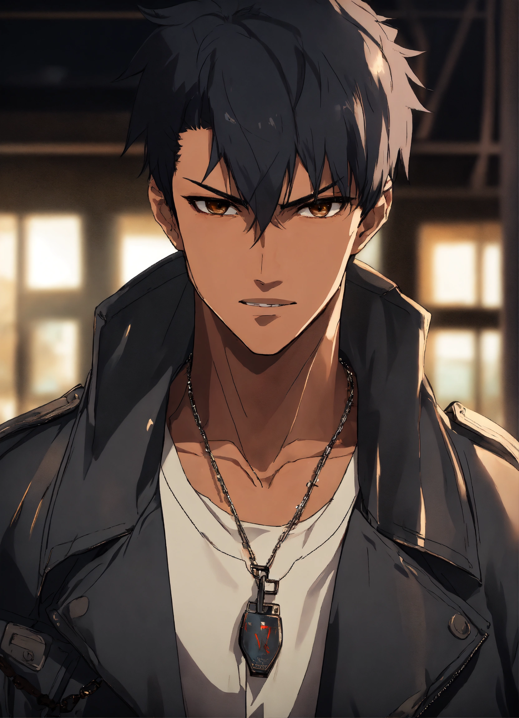 Lexica - Tall black male, gray leather jacket, brown eyes, short black ...