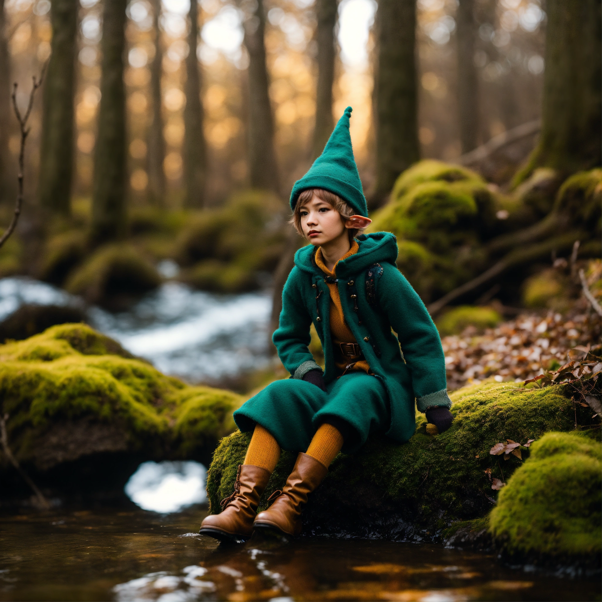 Lexica - A realistic elf among the trees, forest lake, moss, cold ...