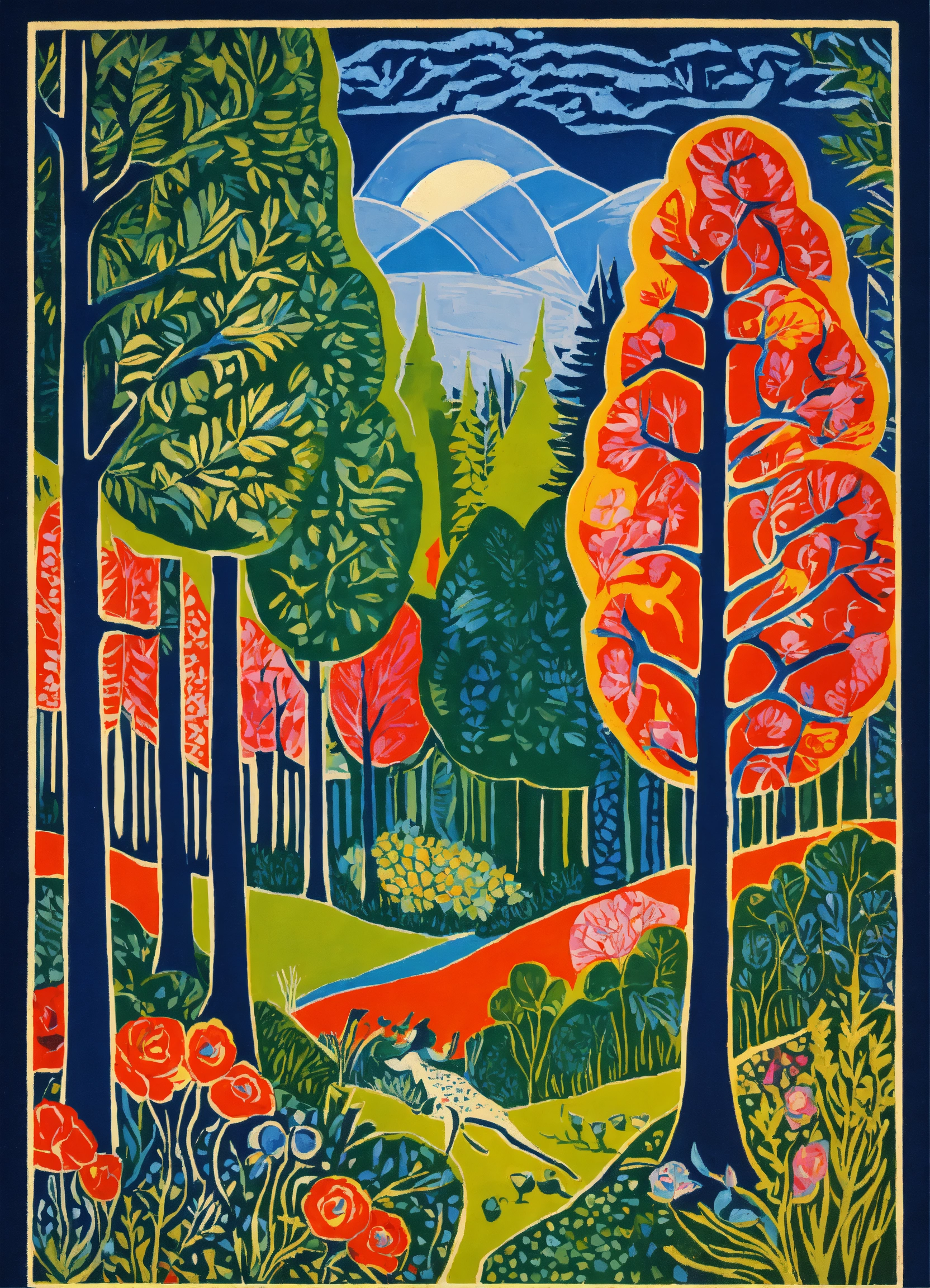 Lexica - Linocut, forest, folk art style inspired by marc chagall