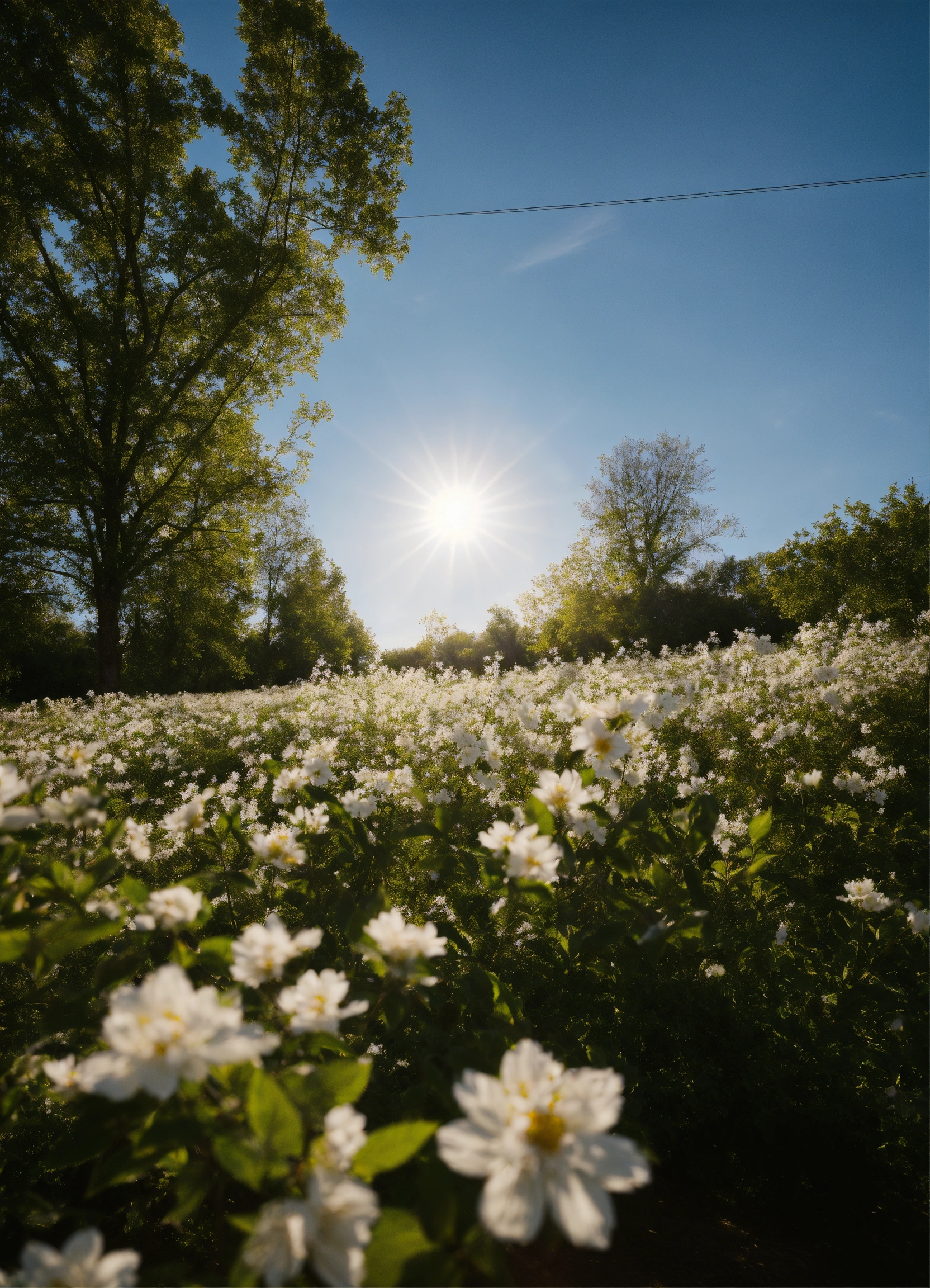 Lexica - White flowers, blue sky, trees and sun shining in the ...