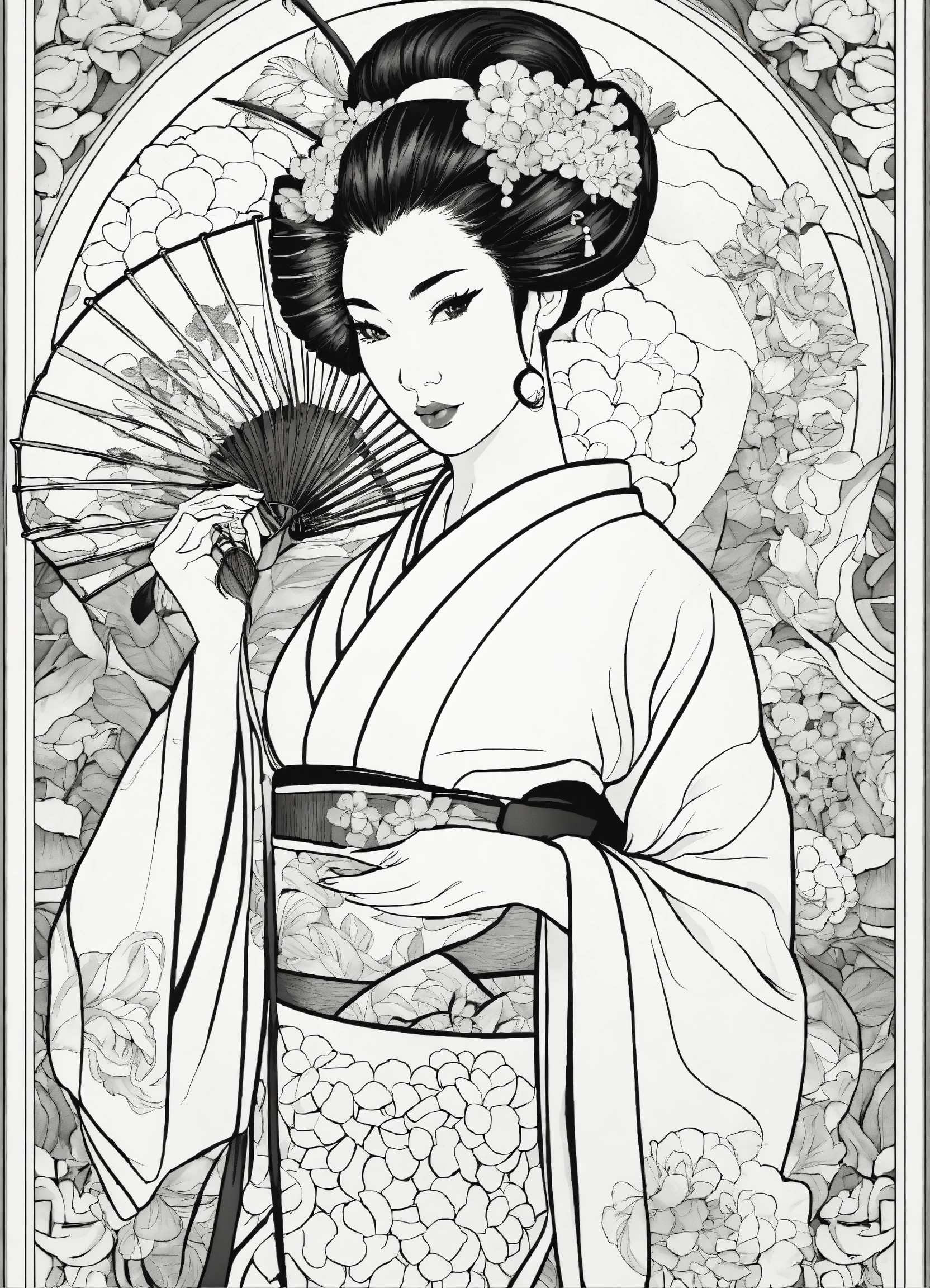 Lexica - Adult Coloring Book Page of a Geisha pin-up, Line Art, Black ...