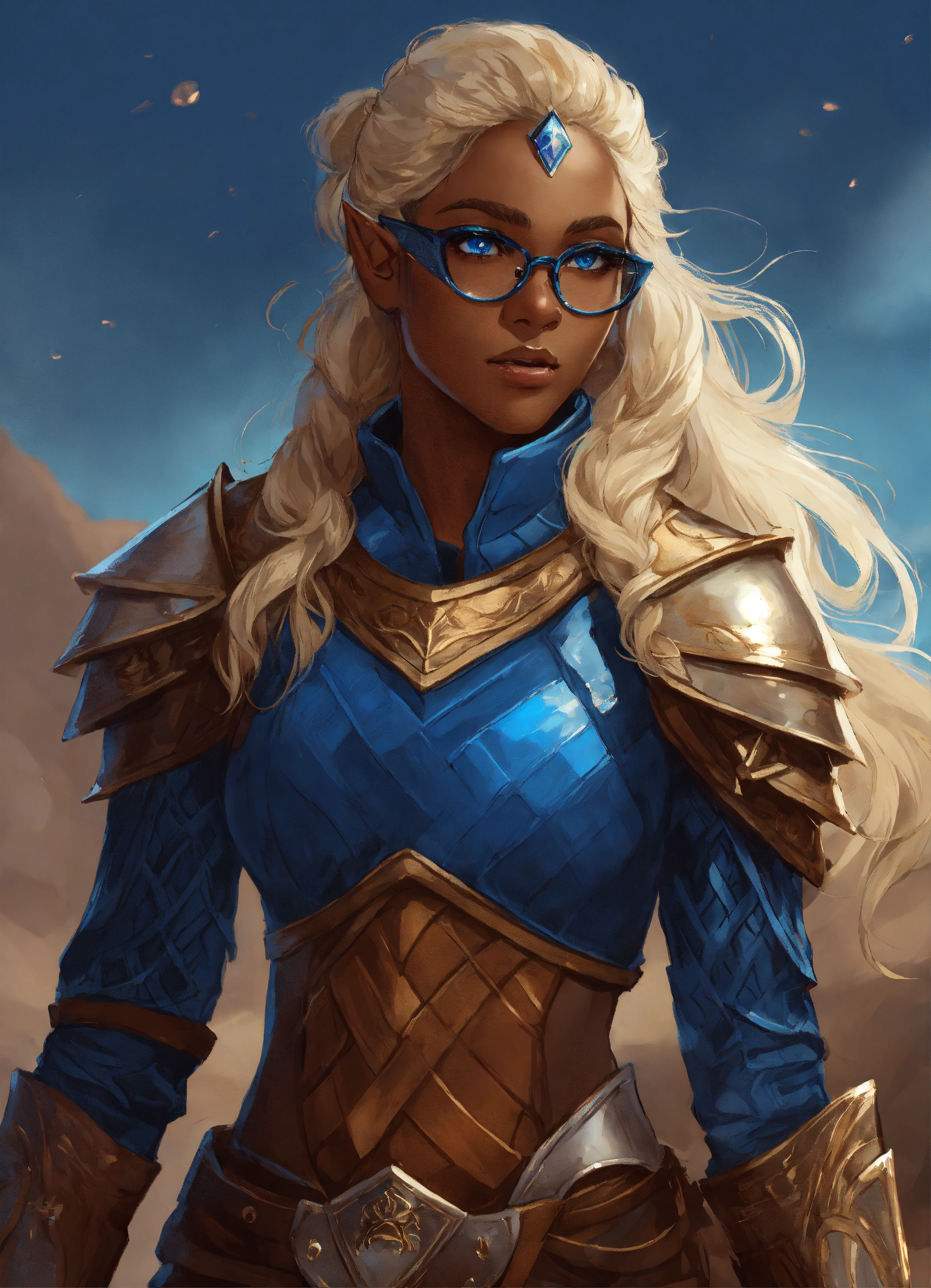 Lexica - A very brown skinned half elf woman, wearing glasses with deep ...