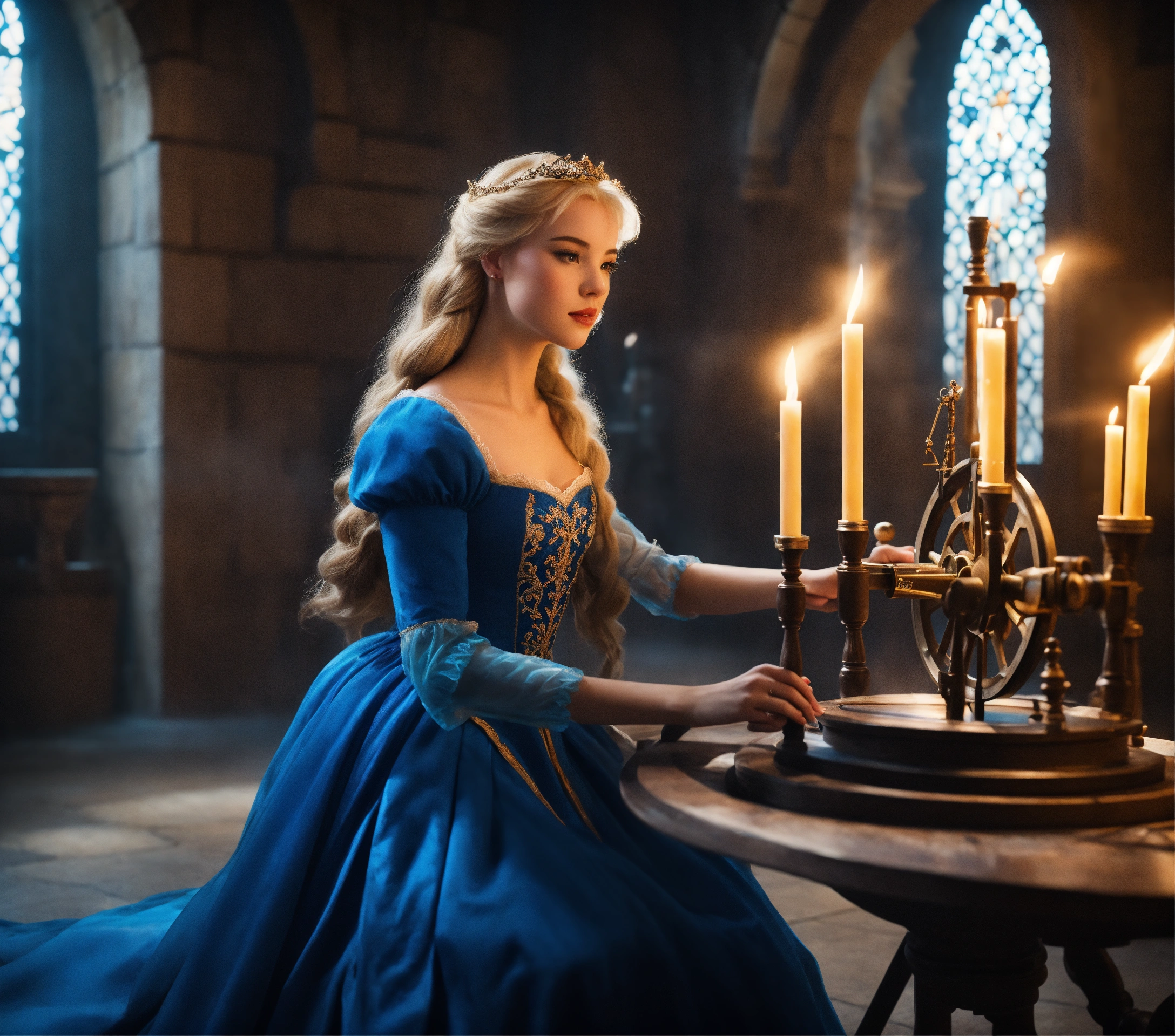 Lexica - Awake disney Princess aurora in blue touching a spindle in a ...