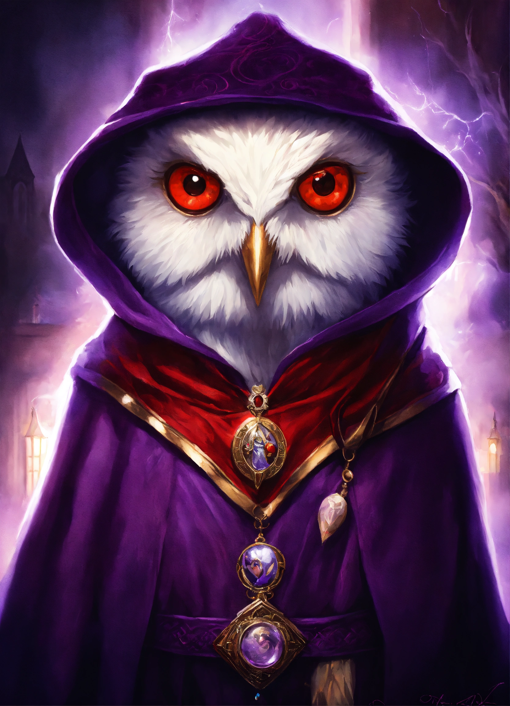 Lexica - Fantasy Portrait of a owlin sorcerer, white face, evil red ...