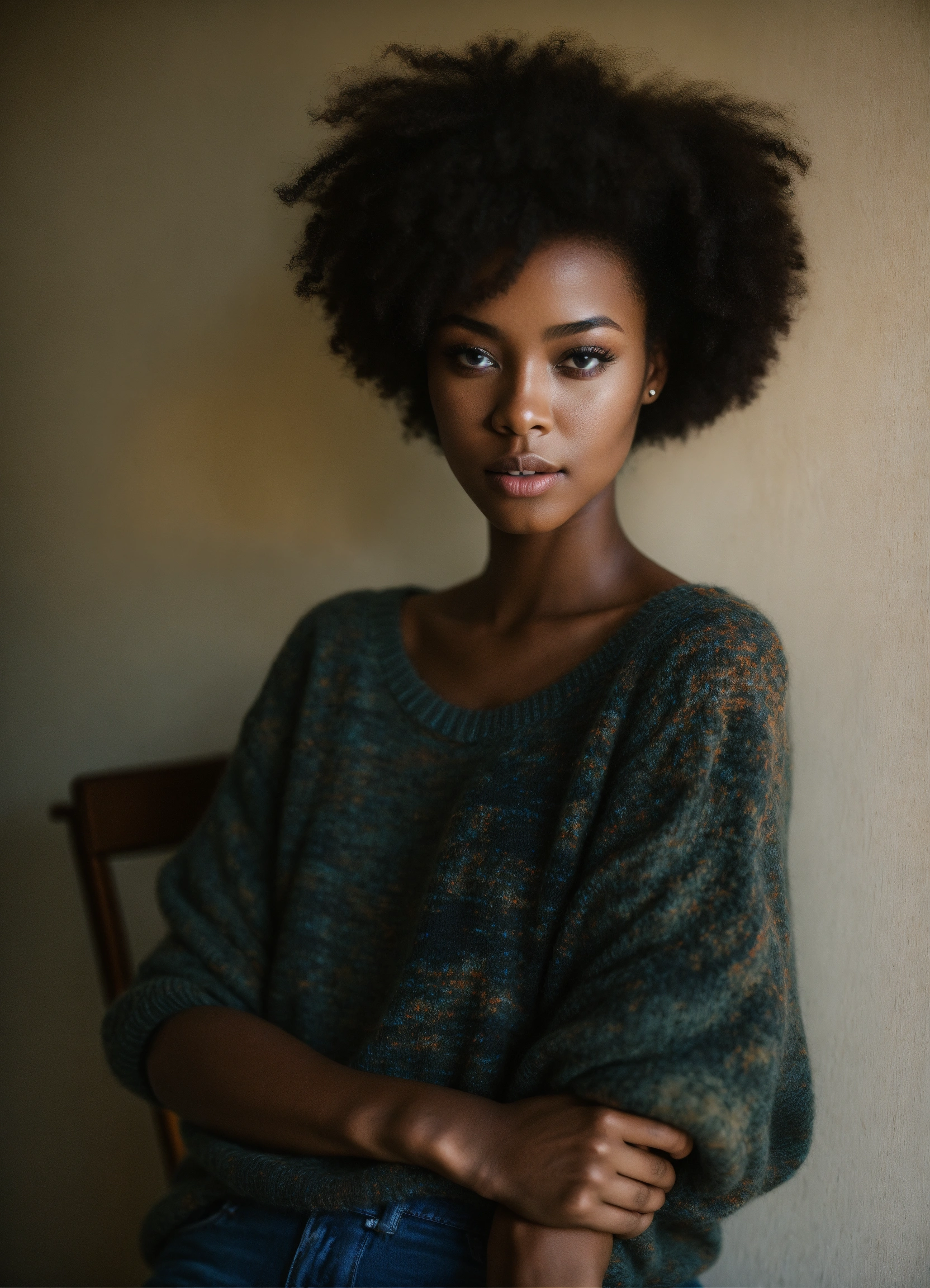 Lexica - Beautiful Black Female, hazy look, slouchy sweater, facing camera