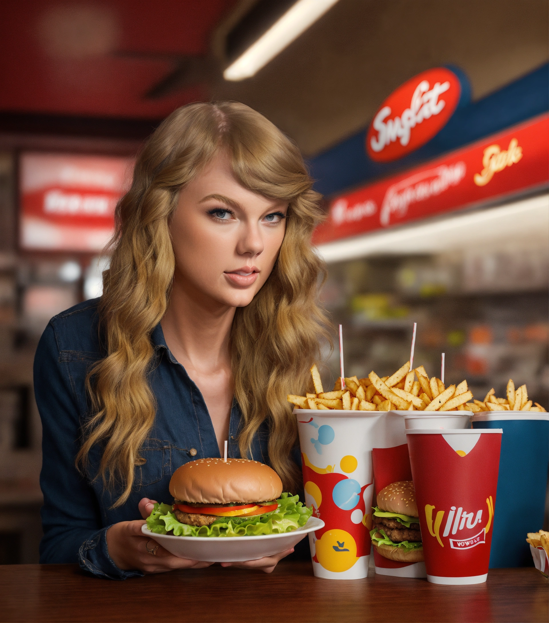 Lexica - Taylor Swift working fast food, ultra realistic lighting
