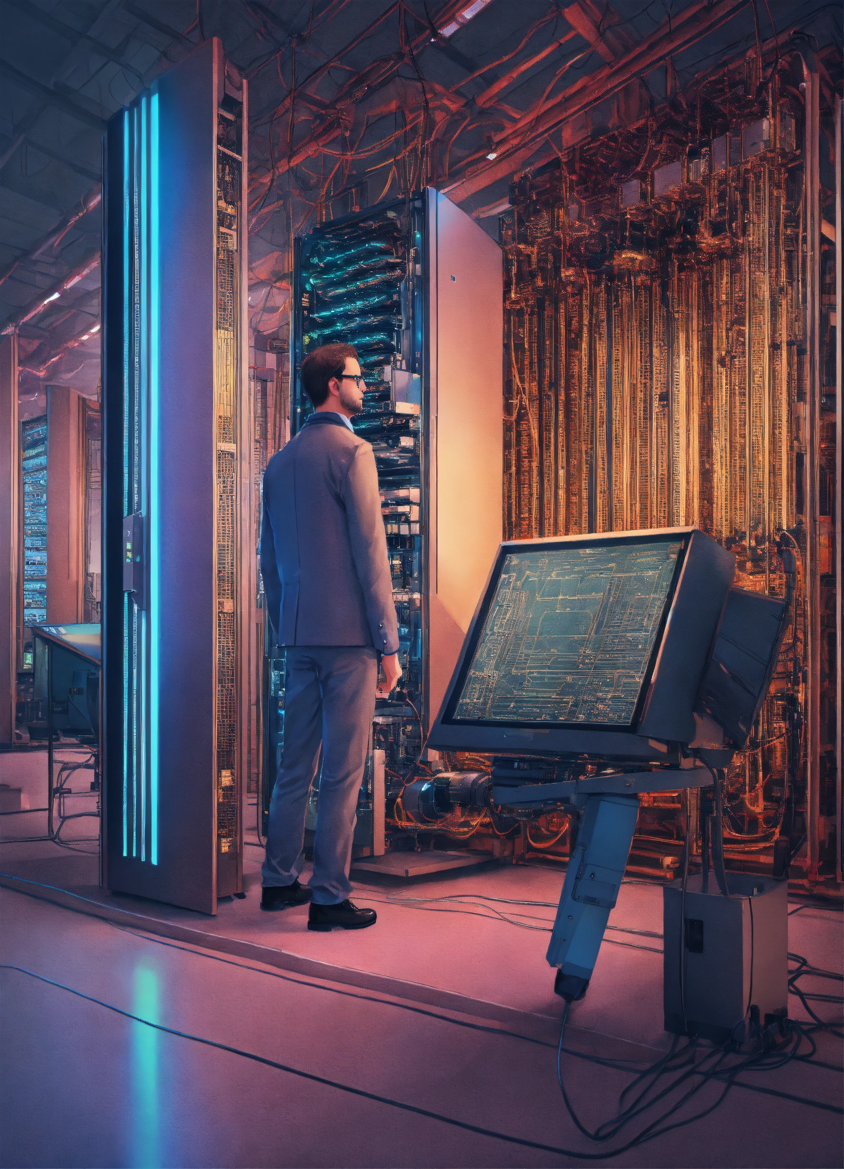 Lexica - A huge quantum computer, with a man near it (sorprised) all ...