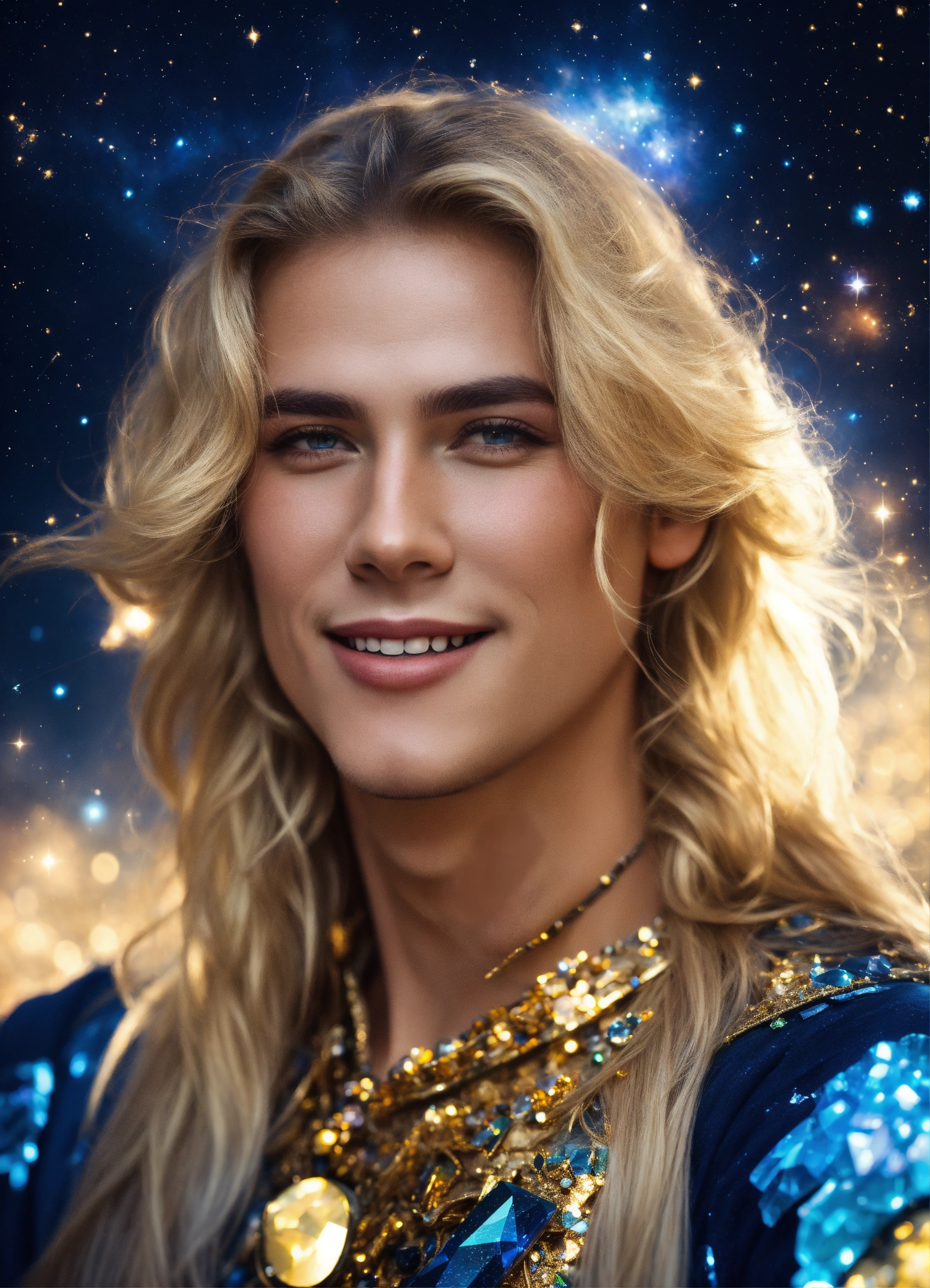 Lexica - Beautiful faces cosmic men long blond hair, smiling, blue and ...