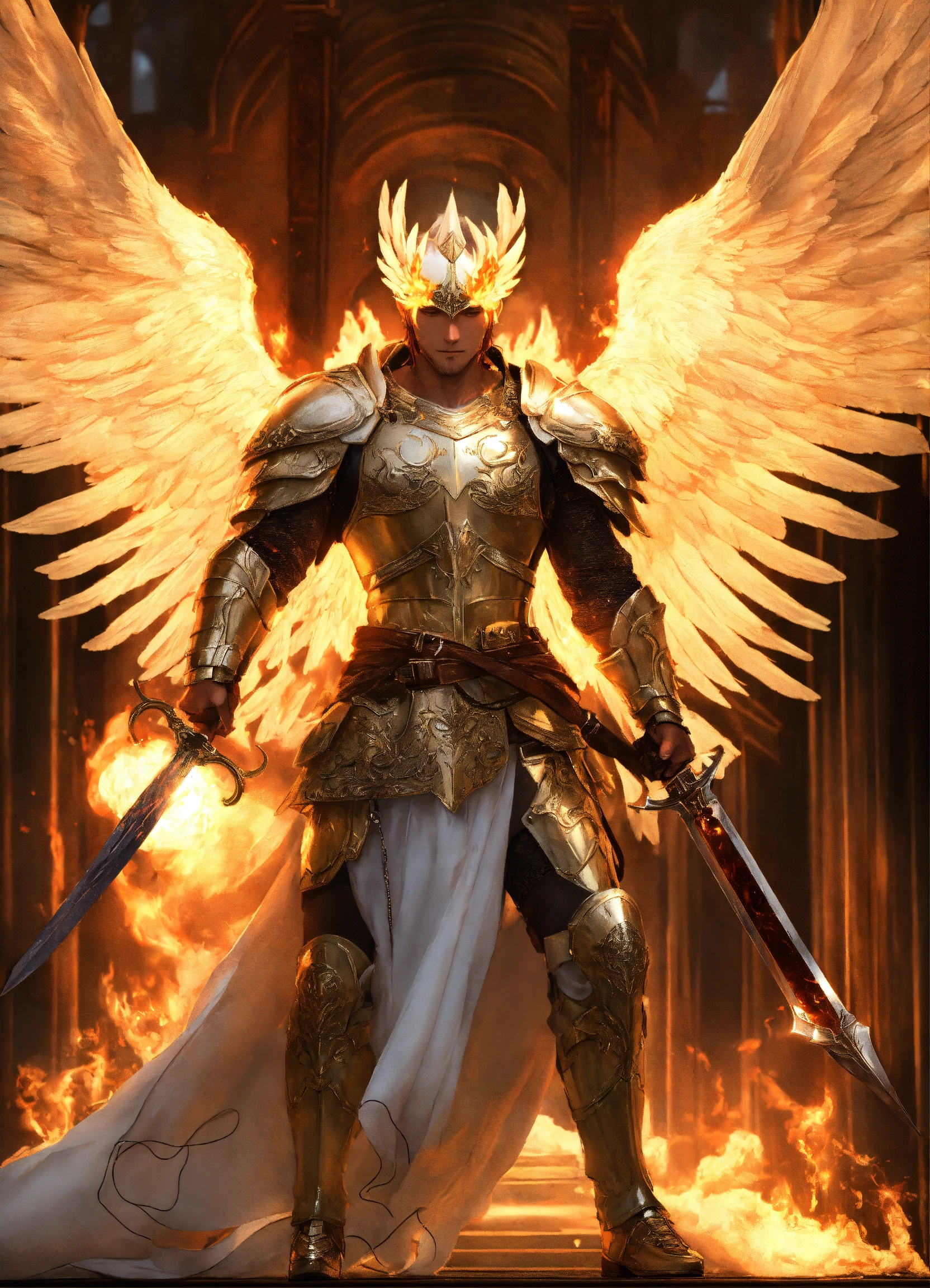 Lexica - Male Angel in body armor with flaming sword and white wings