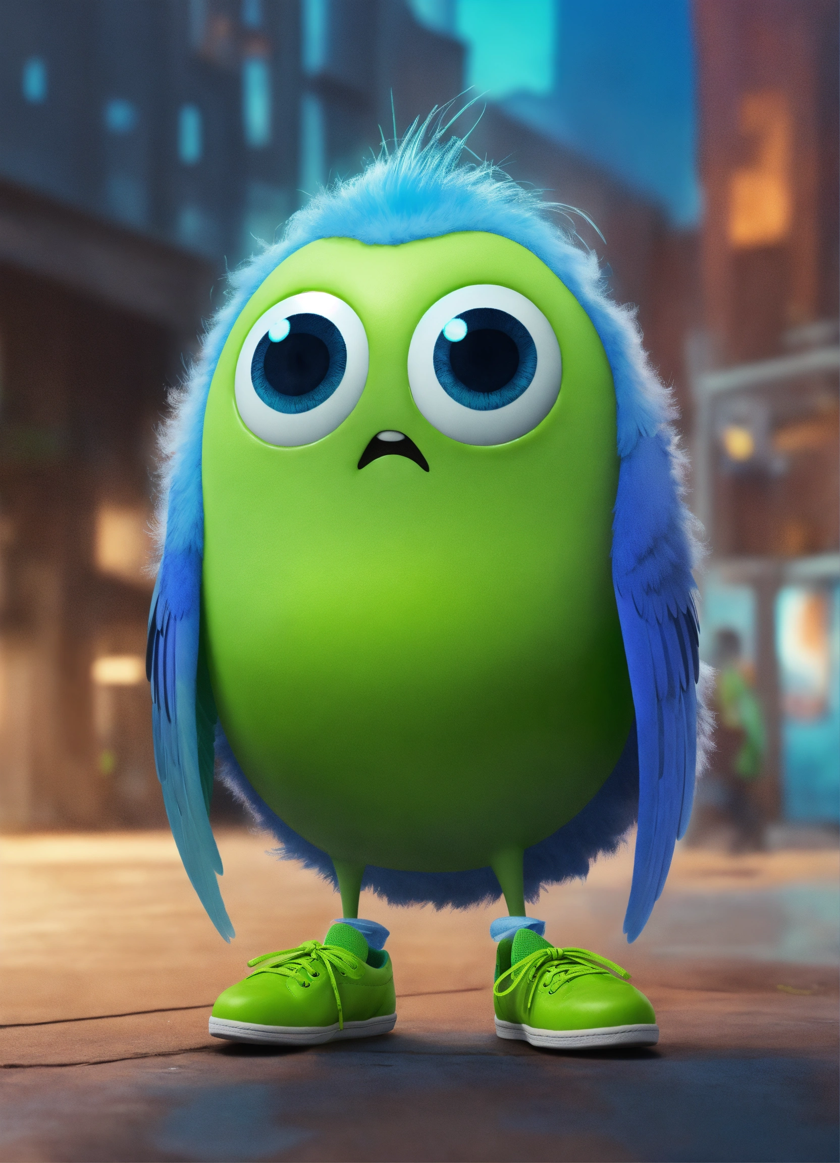 Lexica - A gray cartoon blob with one eye, bright green wings, and blue ...