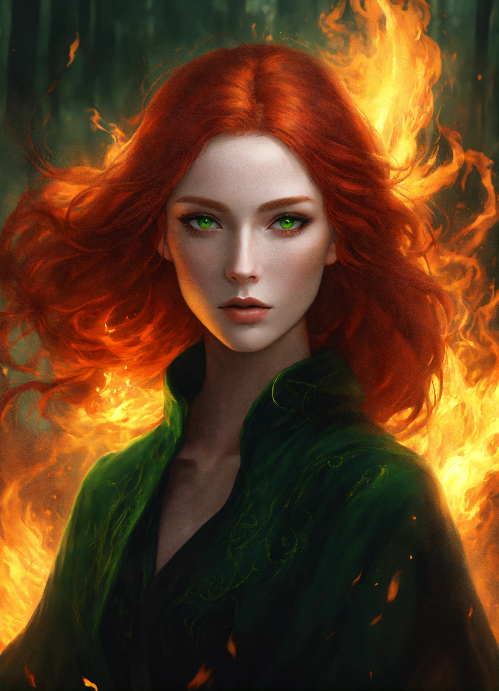 Lexica - Beautiful red haired witch with green eyes, pale skin, wearing ...