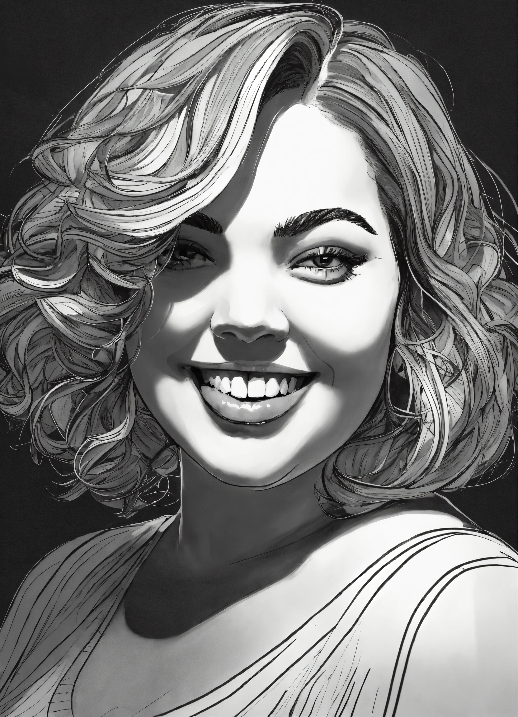 Lexica - Black and white line drawing, plus size woman, with a bob ...