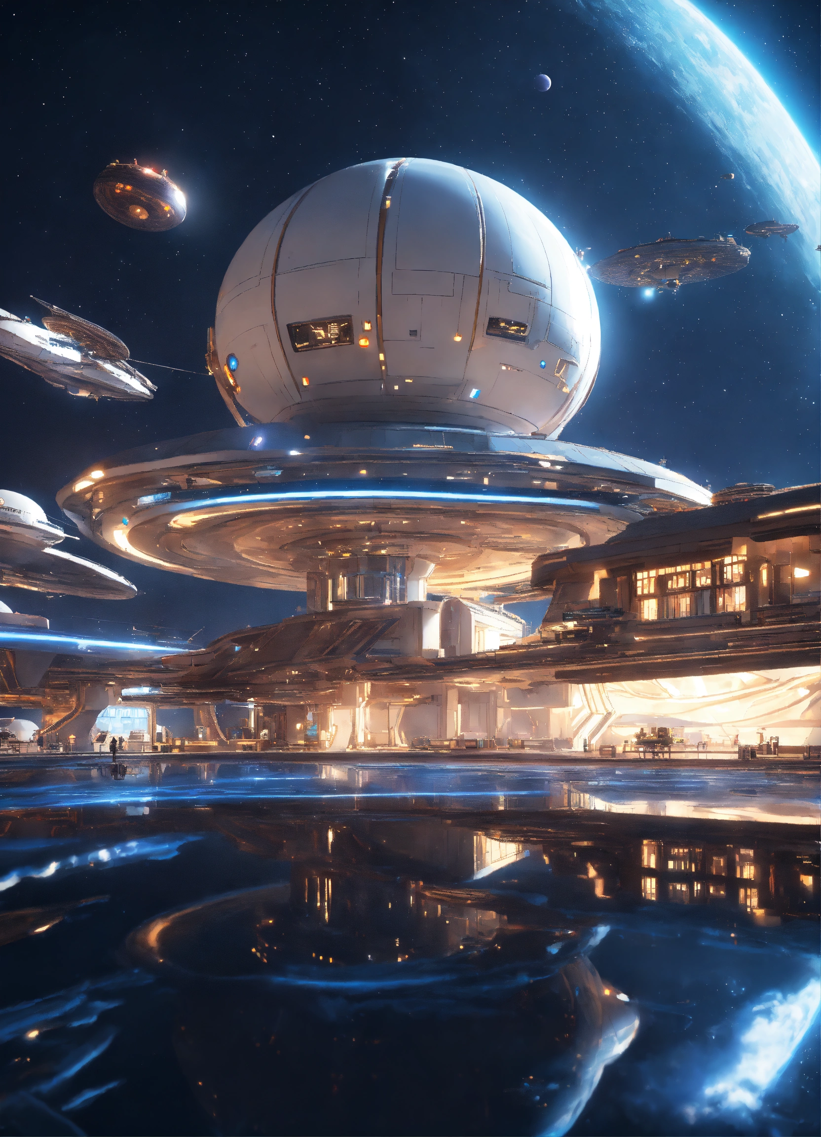 Lexica - Beautiful white spaceport flying floating in deep space ...