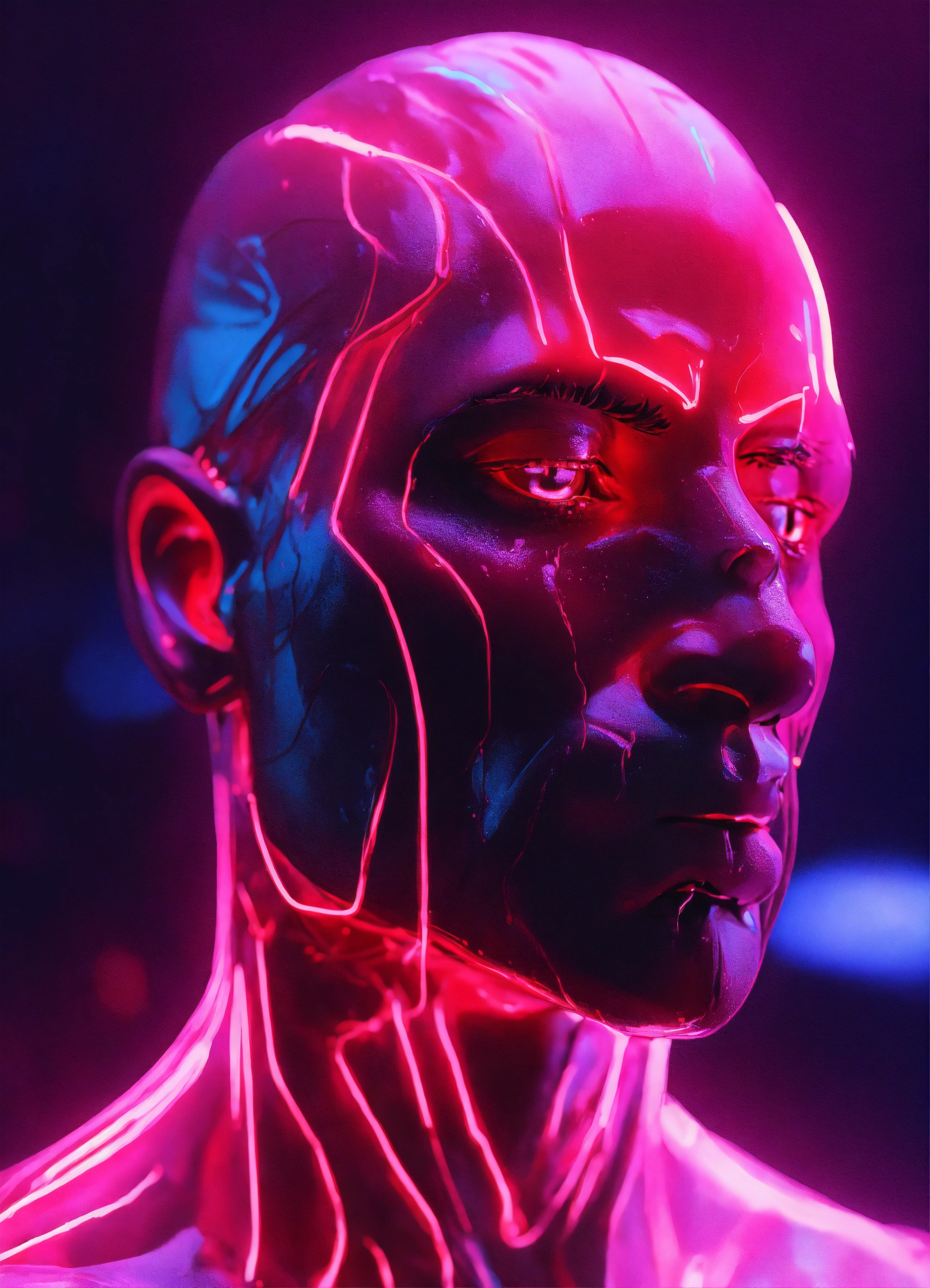 Lexica - Bust of a man's head and shoulders, neon color glow, crying ...