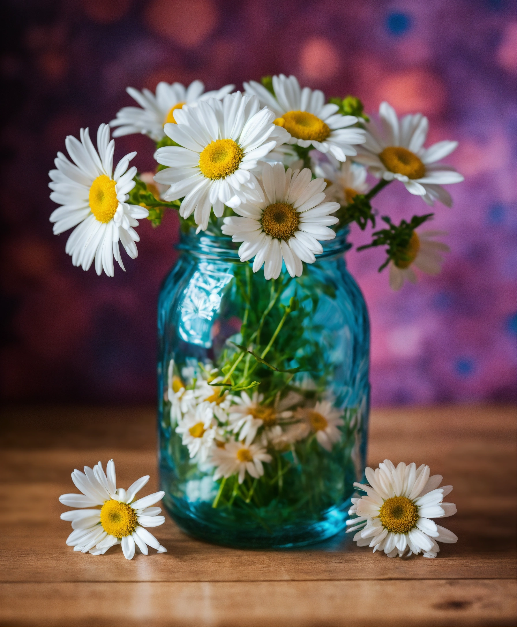 Lexica - Beautiful daisies in a vibrant glass jar, solid background
