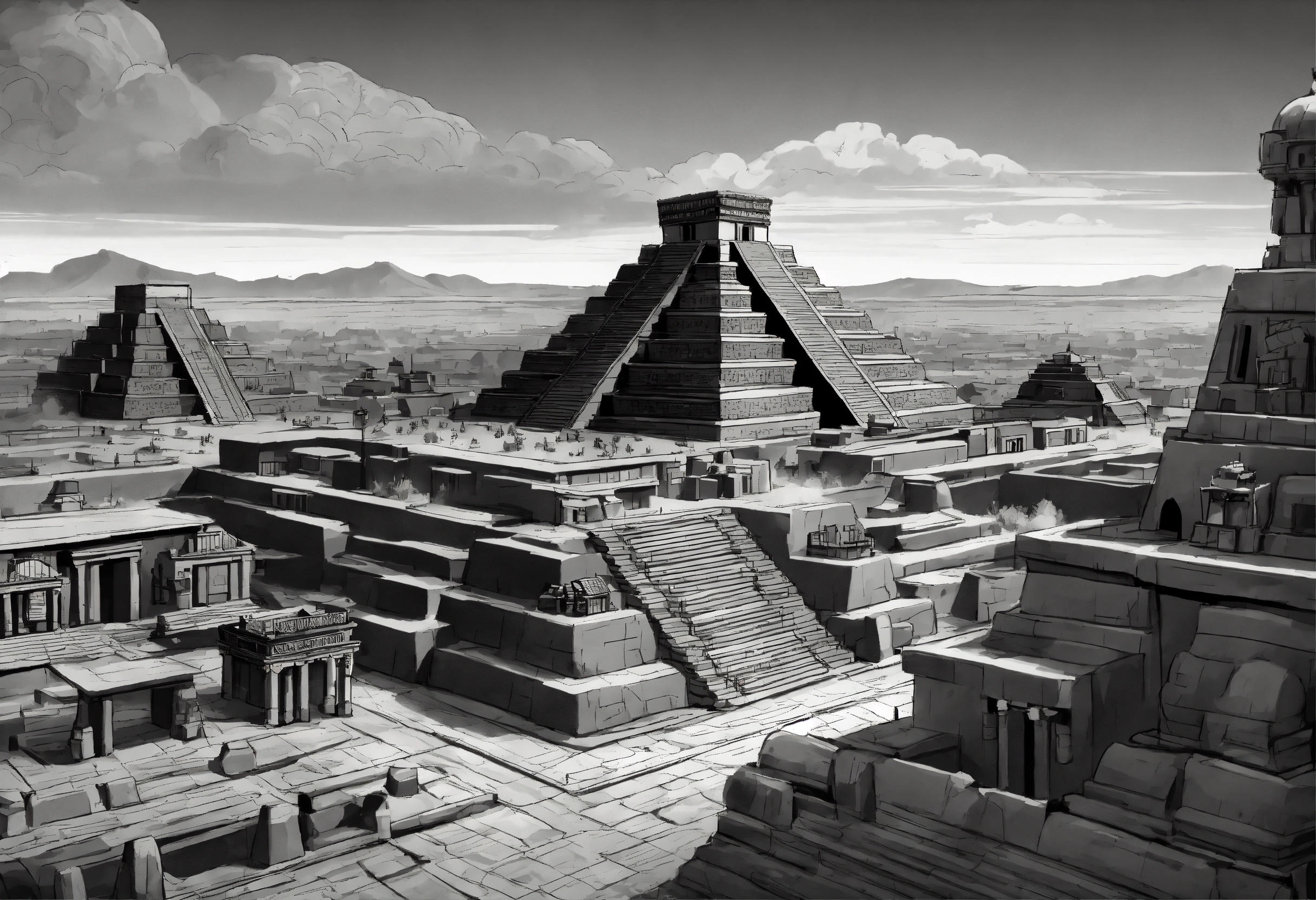 Lexica - Graphic stylized drawing of aztec city in grayscale, 8k