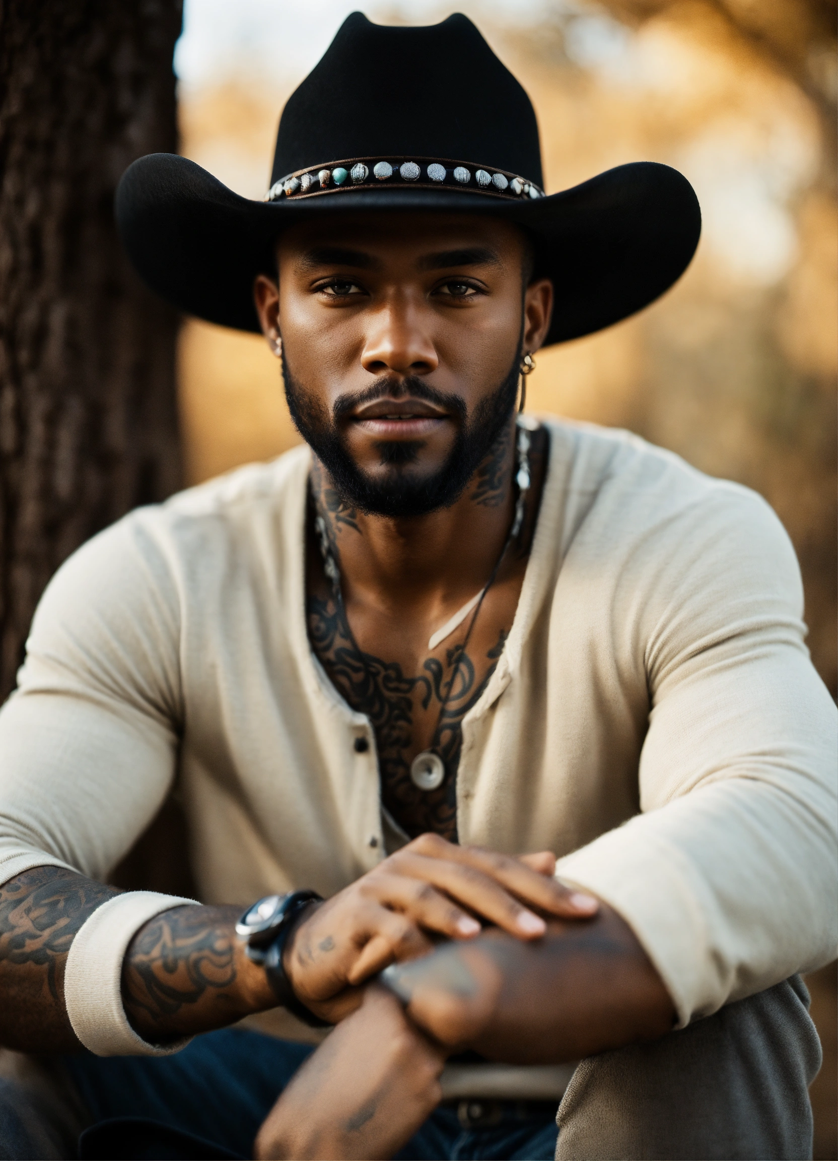Lexica - Handsome black male, cowboy, low beard, light eyes, dark skin ...