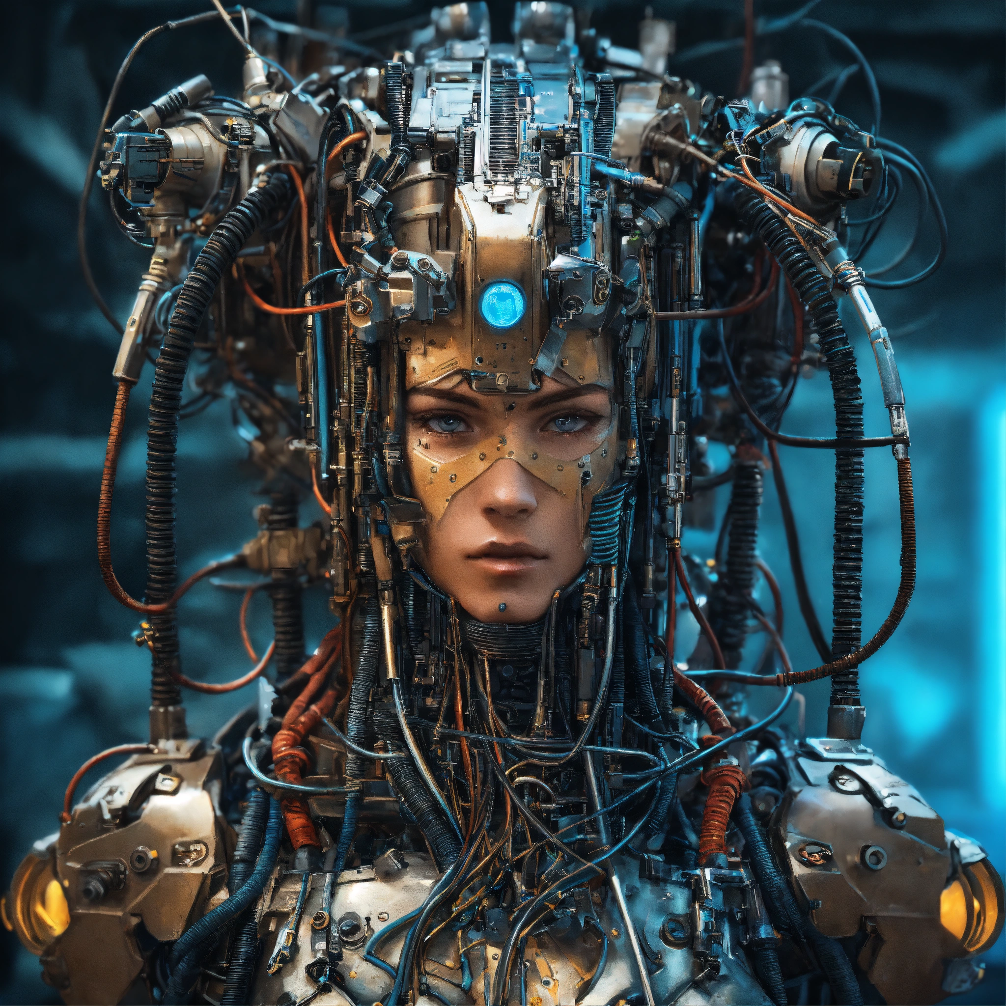 Lexica - Cybernetic mechanical warrior with many hoses and cables.