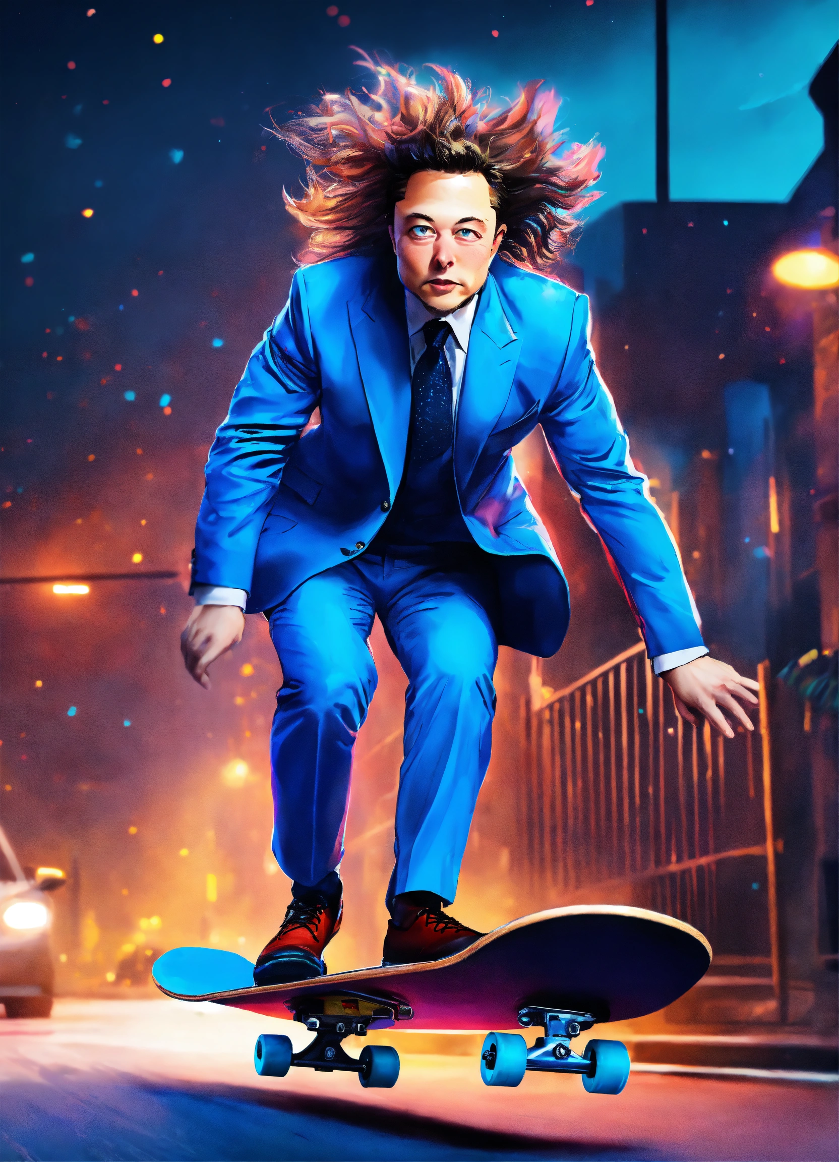 Lexica - An eccentric elon musk with wild hair in a blue suit riding a ...