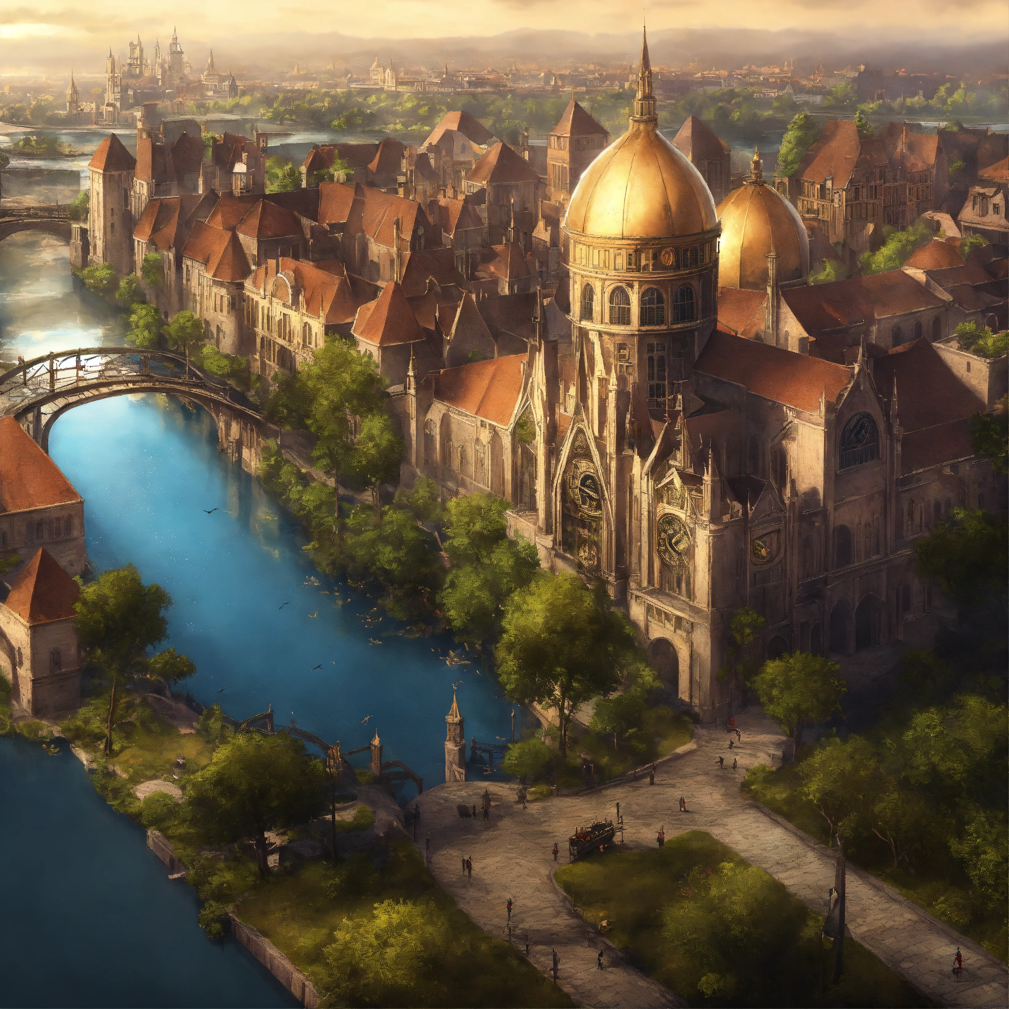 Lexica - Bird-view of a small fantasy city with a massive gothic ...